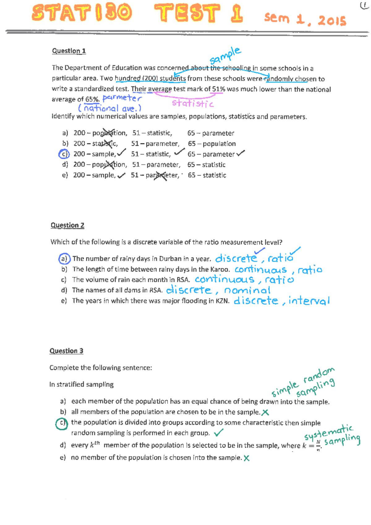 2015 sem1 test 1 solutions - STATI: TEST L sem 1, 2015 Question 1 ...