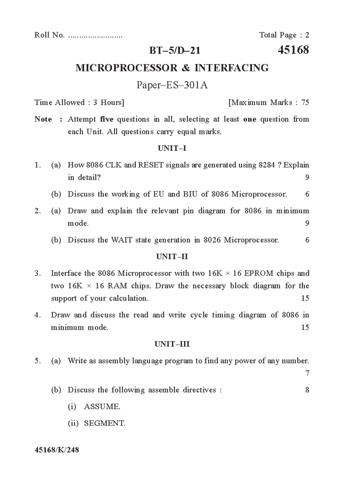 45168 MPI ES-301A - microprocessor 8085 - 45168/K/ Roll No. ......................... Total Page ...
