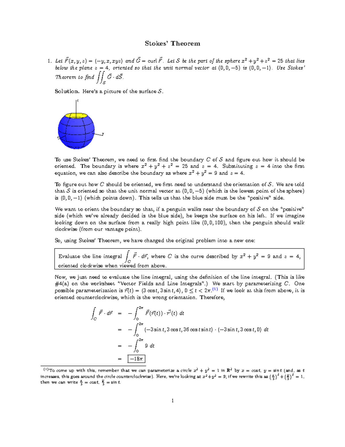 Stokes THEOREM FOR PRACTICE - Stokes’ Theorem 1~(x, y, z) =〈−y, x, xyz ...