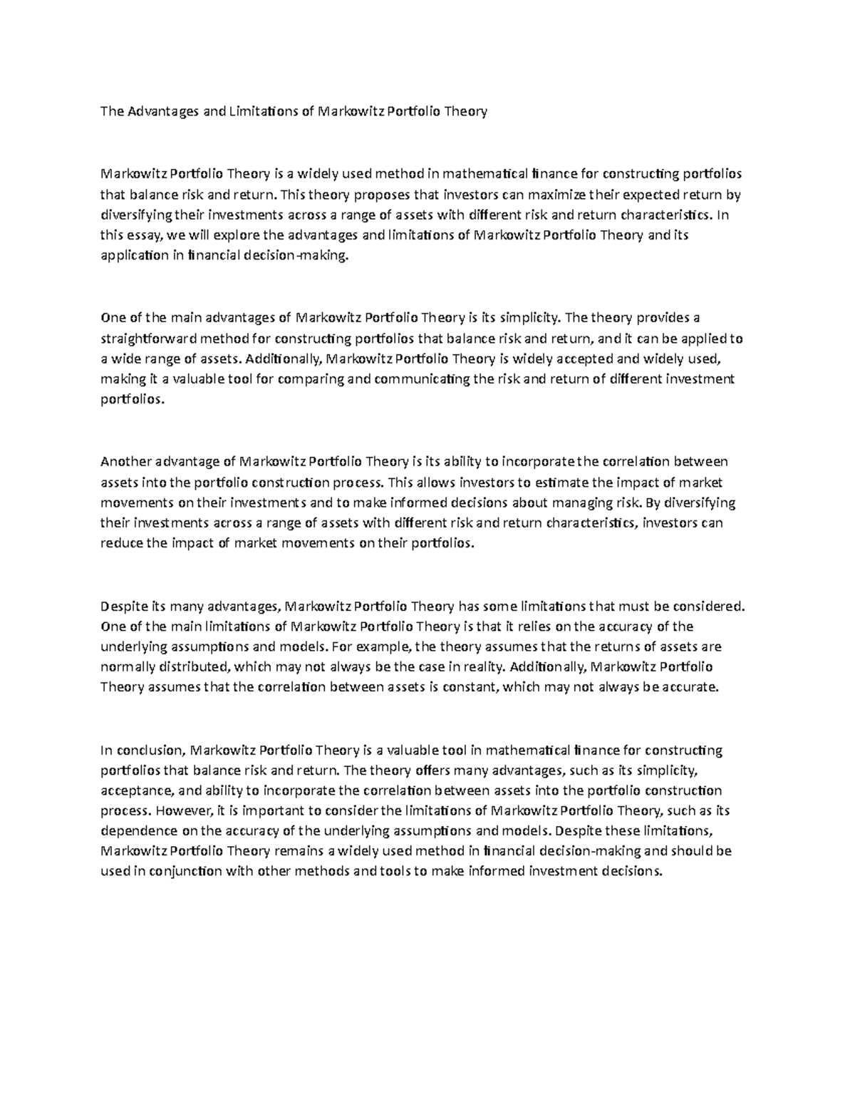 The Advantages and Limitations of Markowitz Portfolio Theory - This ...