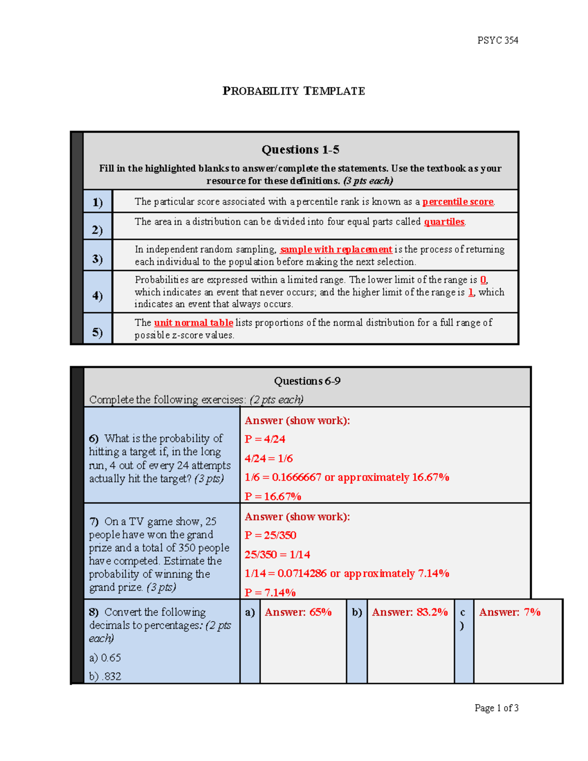 Probability Template - PSYC 354 PROBABILITY TEMPLATE Questions 1- Fill ...