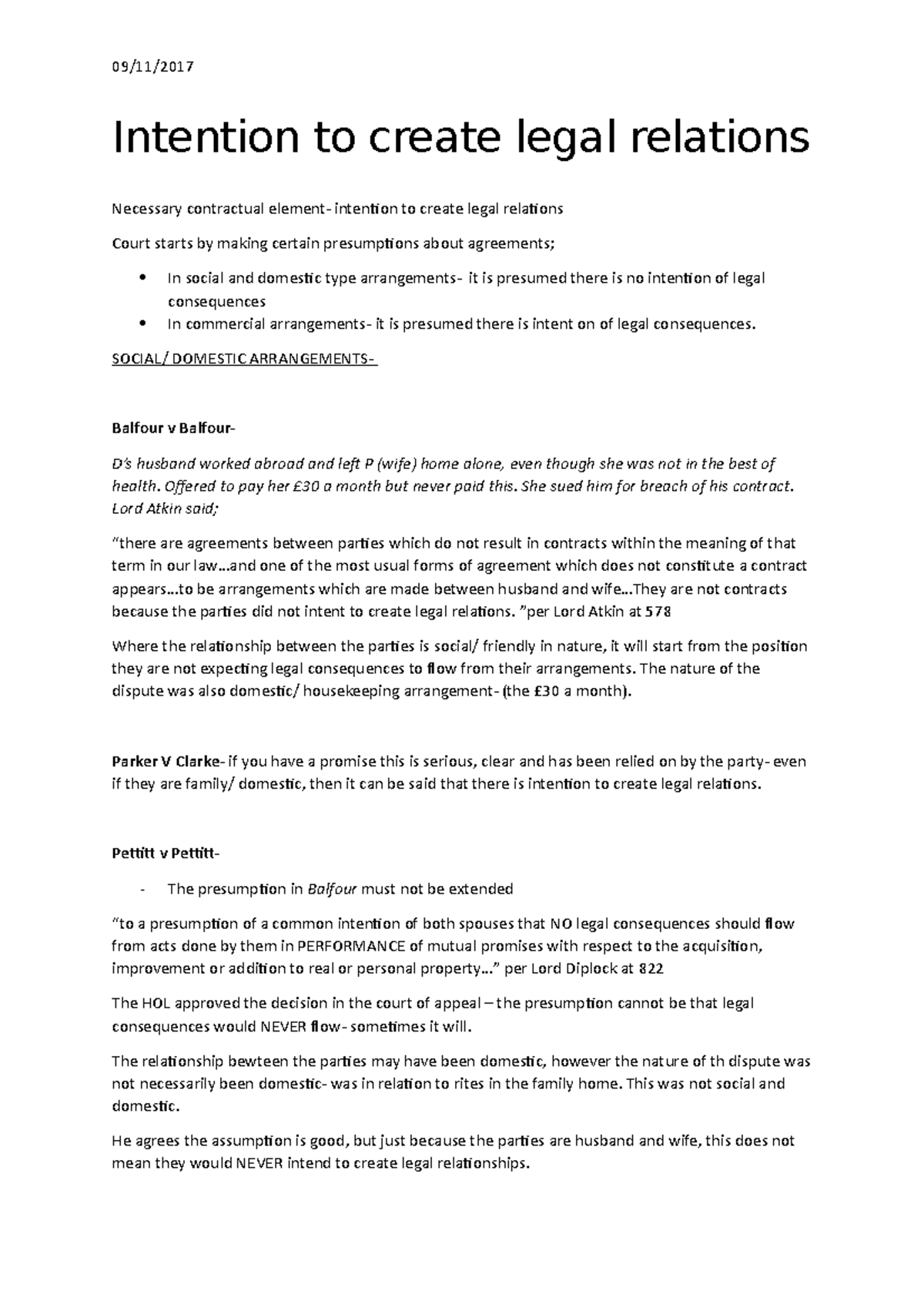 Contract Law lecture 14 - Intention to create legal relations Necessary ...