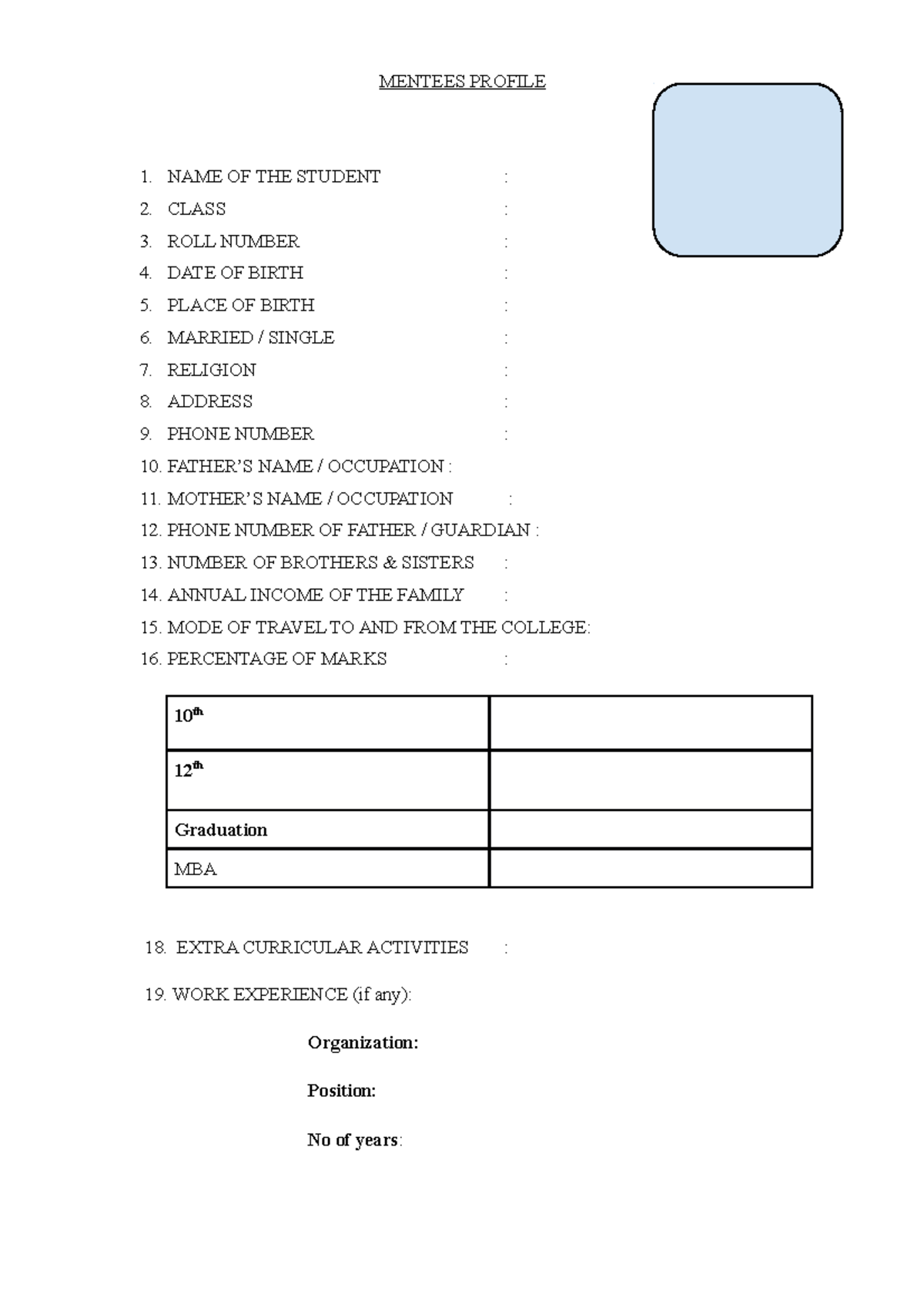Blank Mentee's Profile - MENTEES PROFILE 1. NAME OF THE STUDENT : 2 ...