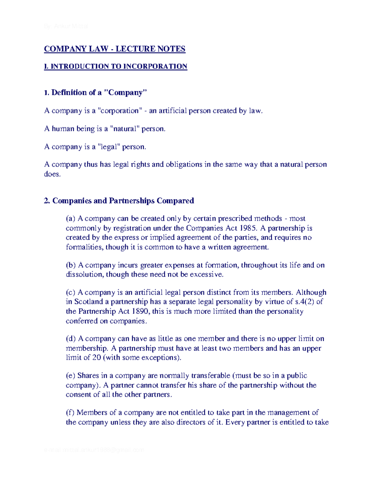 Company law 1 lecture notes - COMPANY LAW - LECTURE NOTES I ...