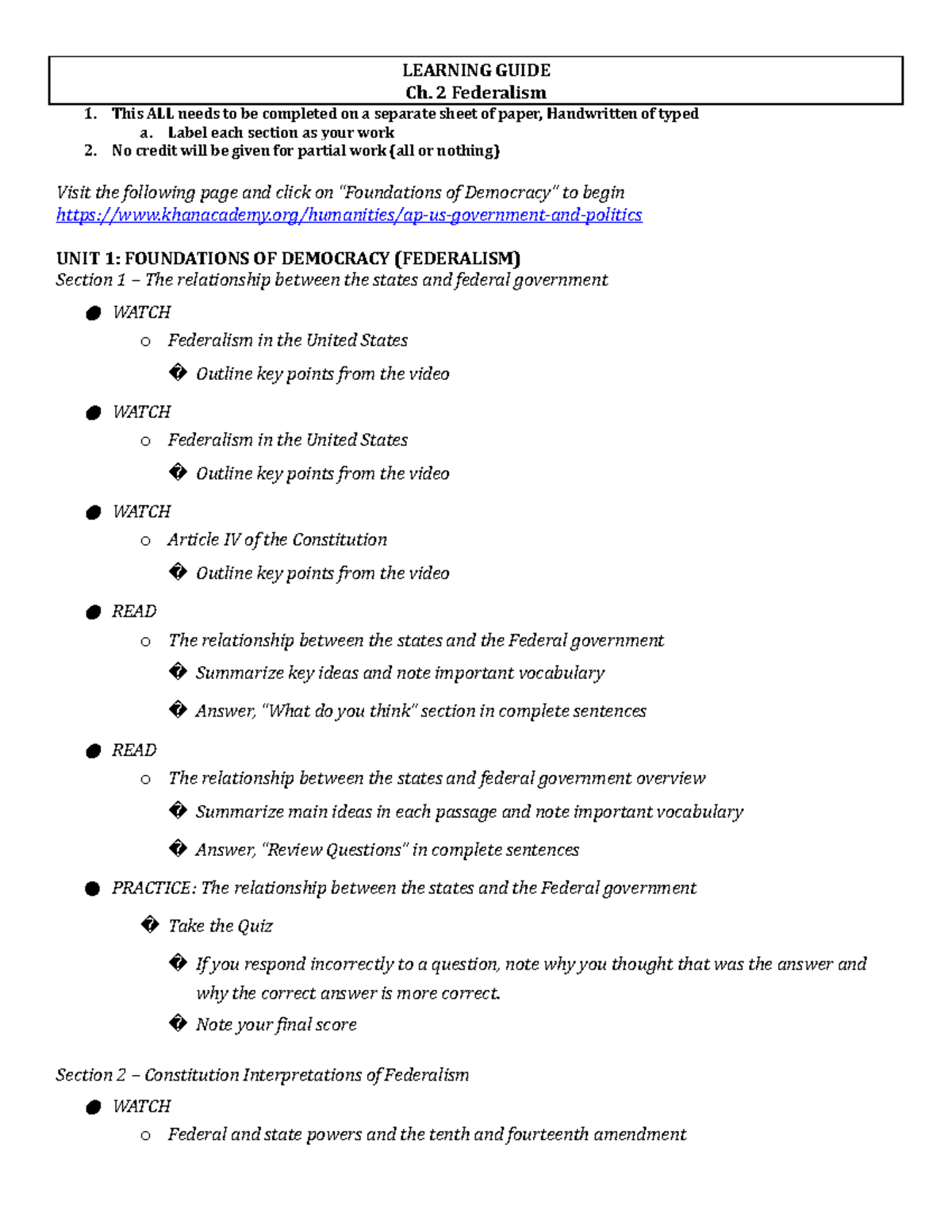 Learning guide - federalism 1 - LEARNING GUIDE Ch. 2 Federalism 1. This ...