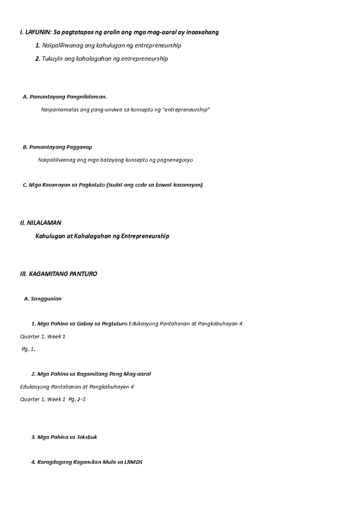 EPP Sample Daily Lesson Plan - I. LAYUNIN: Sa pagtatapos ng aralin ang mga mag-aaral ay ...