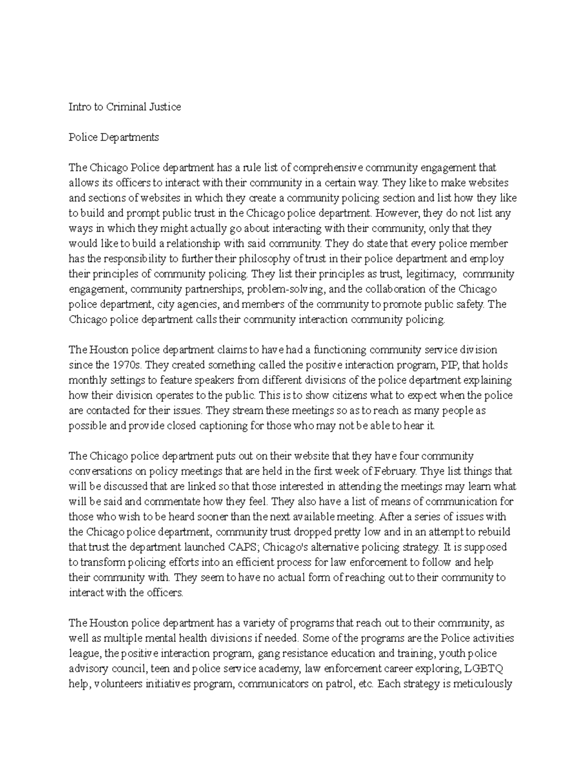 Criminal Justice Report - Intro to Criminal Justice Police Departments ...