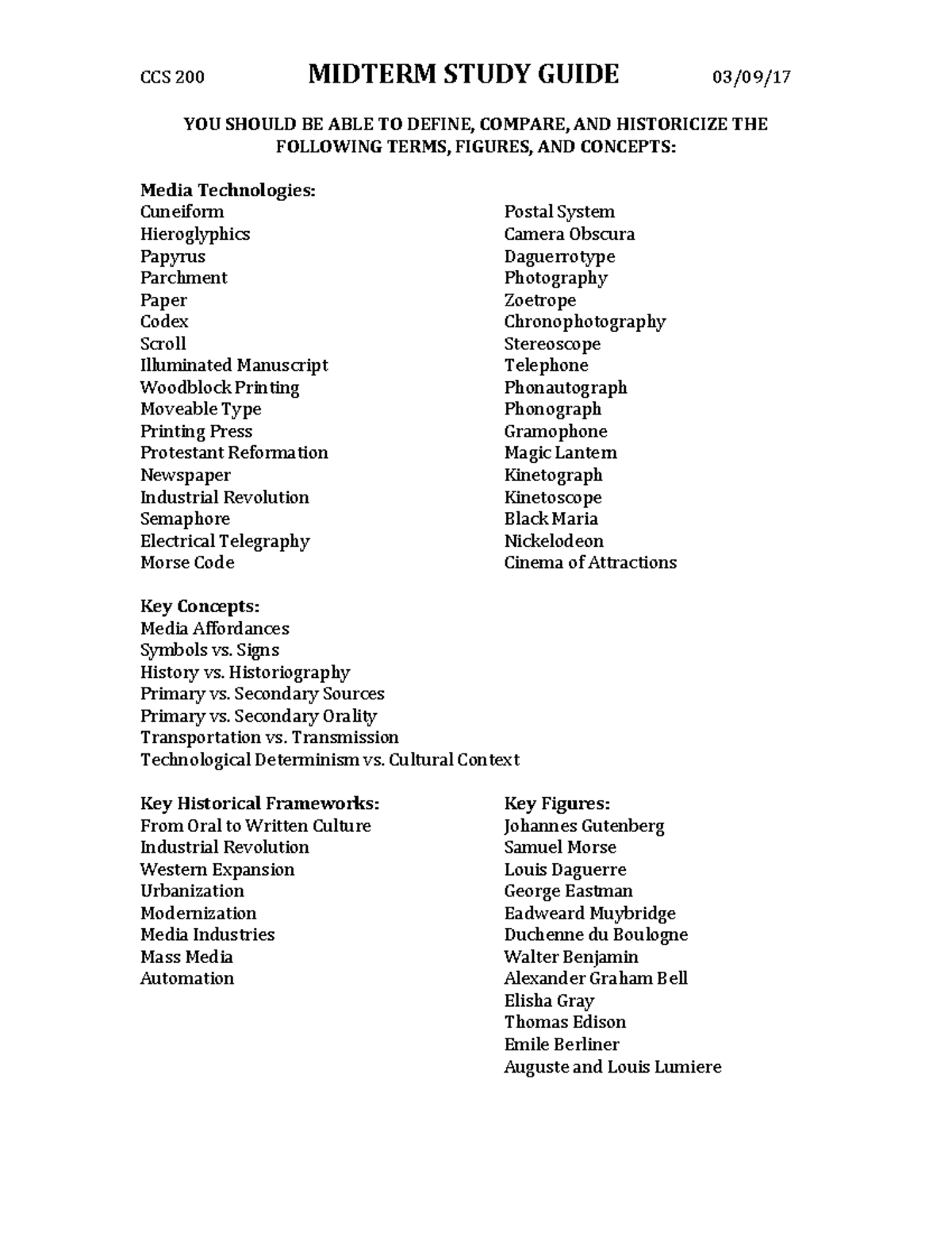 CCS 200 - Midterm Study Guide - CCS 200 MIDTERM STUDY GUIDE 03/09/ YOU ...