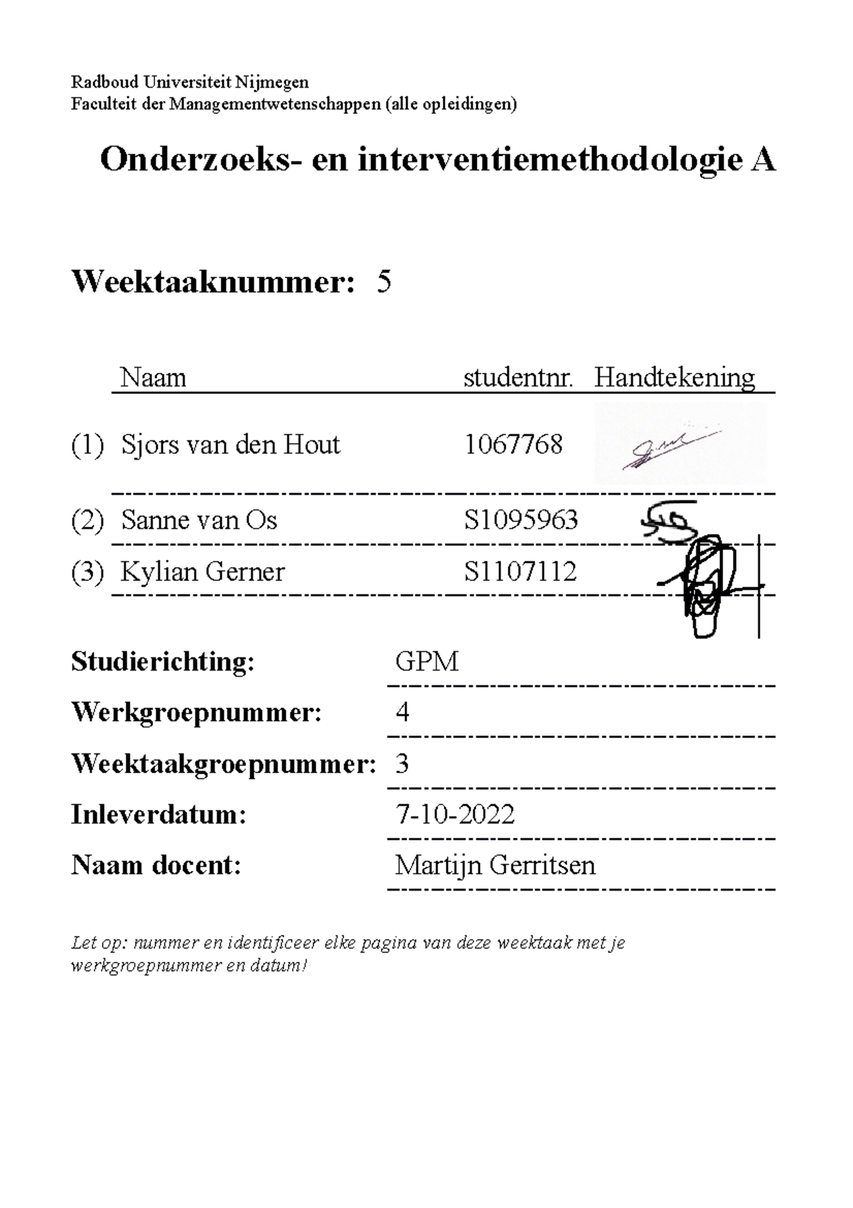 Weektaak 5 Antwoordblad - Radboud Universiteit Nijmegen Faculteit der ...