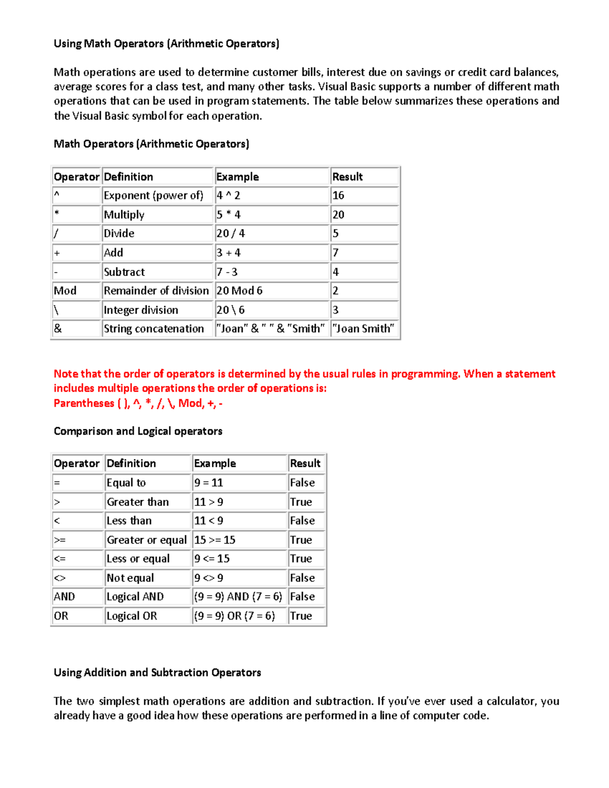 Lesson 6 Using Math Operators Using Math Operators Arithmetic