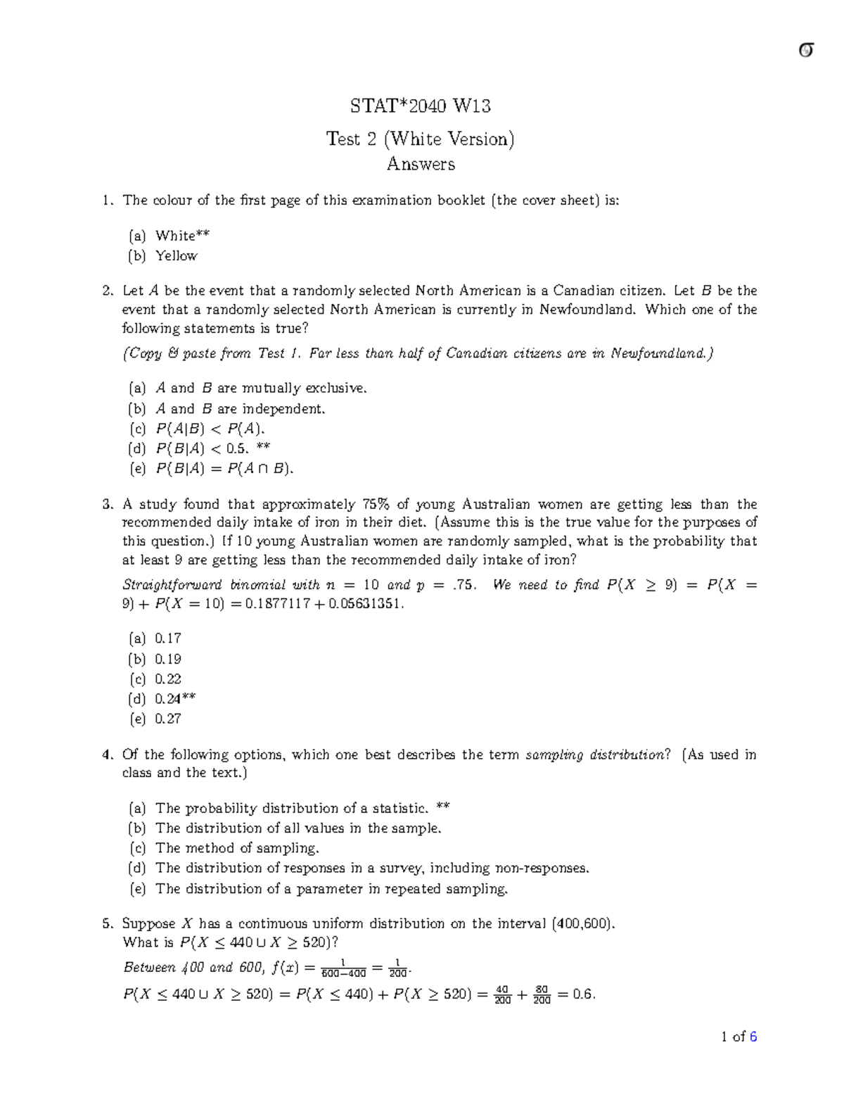 Exam 2013, Questions and answers - Test 2 - STAT*2040 W Test 2 (White ...