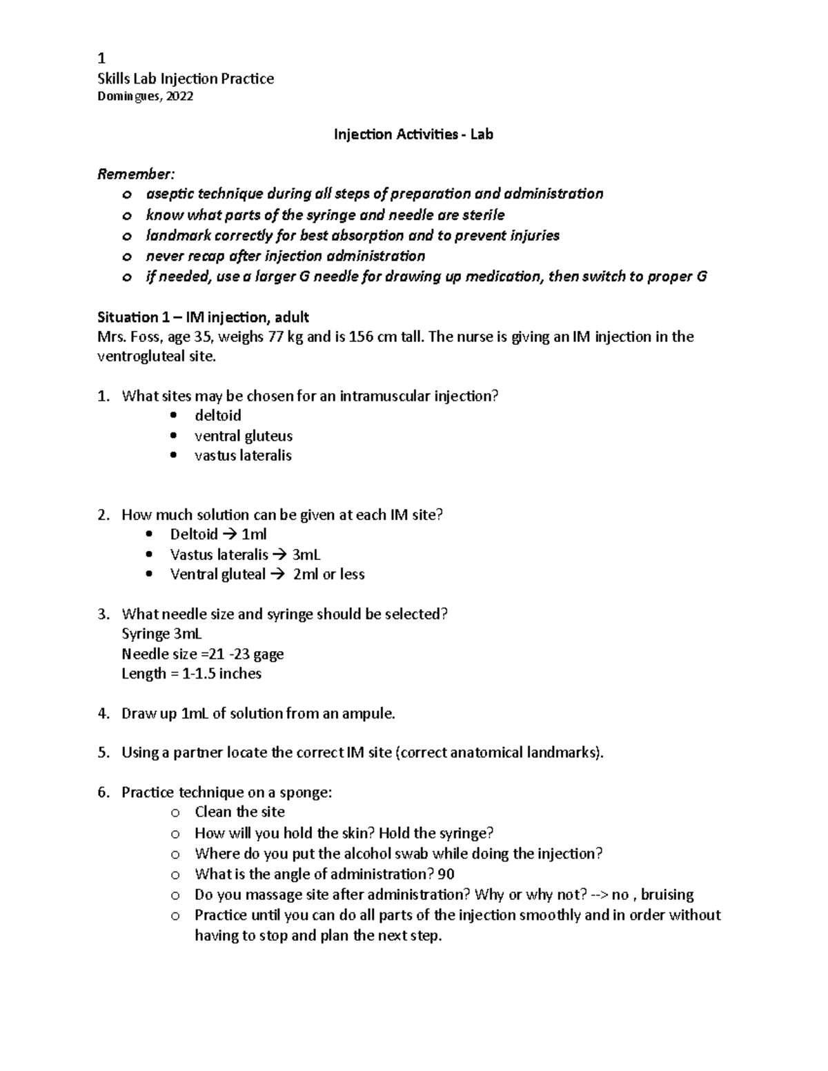 Lab Activities Injections - Skills Lab Injection Practice Domingues ...