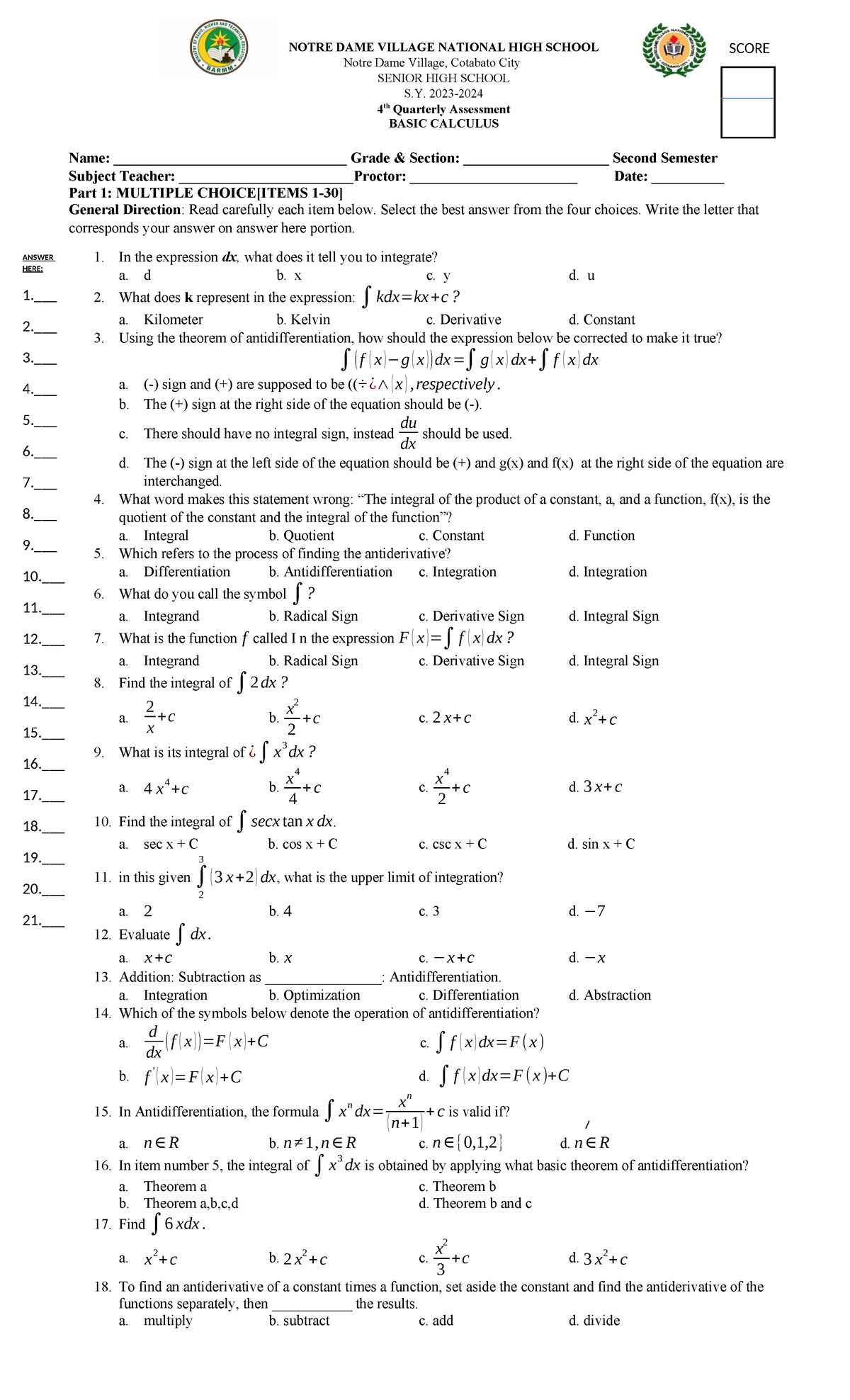 4th Quarter Basic Calculus EXAM 2023-2024 - NOTRE DAME VILLAGE NATIONAL ...