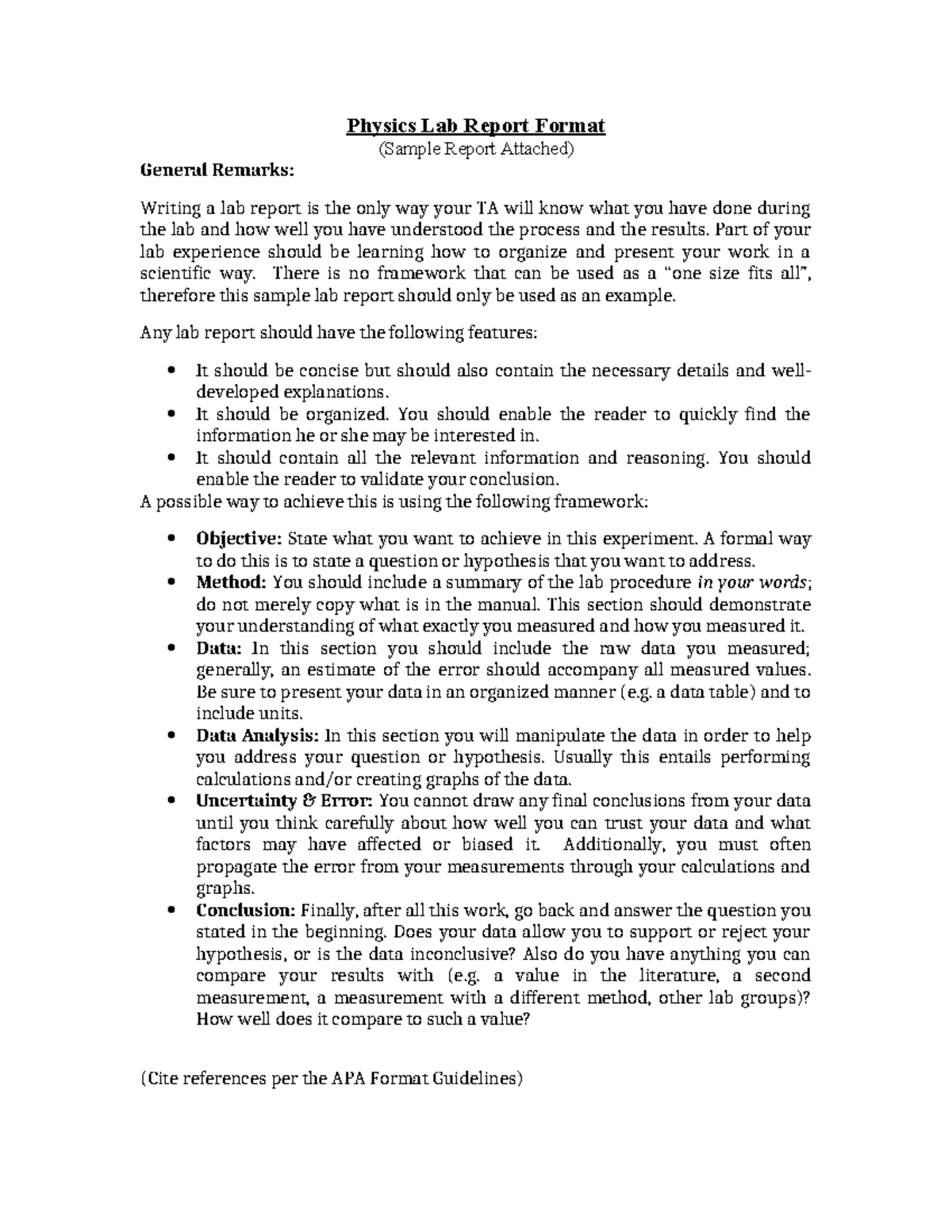 Sample Lab Report-2011 - Physics Lab Report Format (Sample Report ...