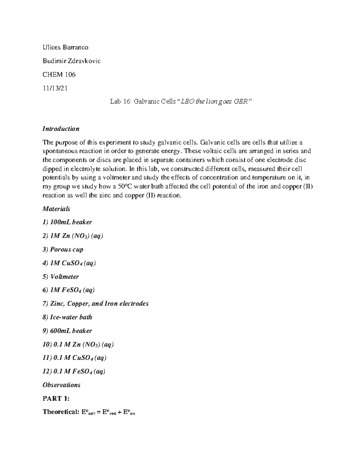 Lab 16: Galvanic Cells “LEO the lion goes GER” - Ulices Barranco ...