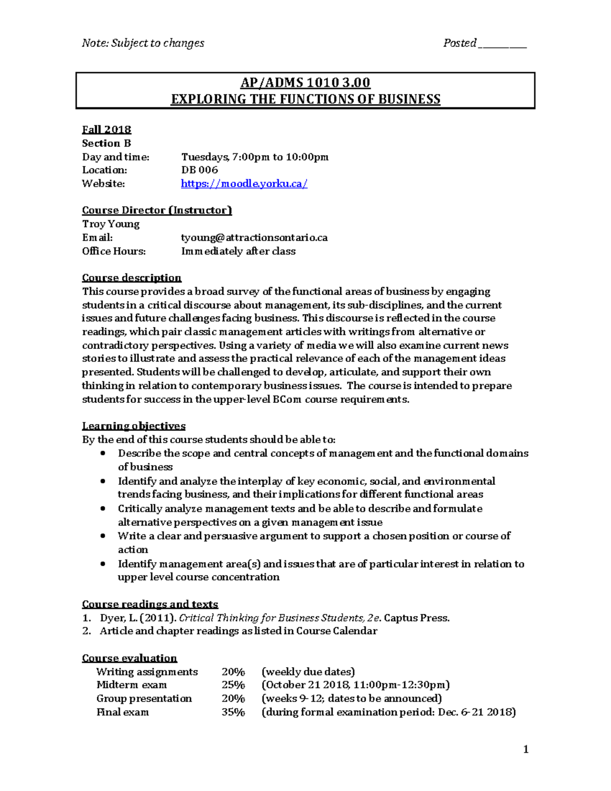 ADMS 1010 B F2018 Course outline - Note: Subject to changes Posted ___________ AP/ADMS 1010 3 ...