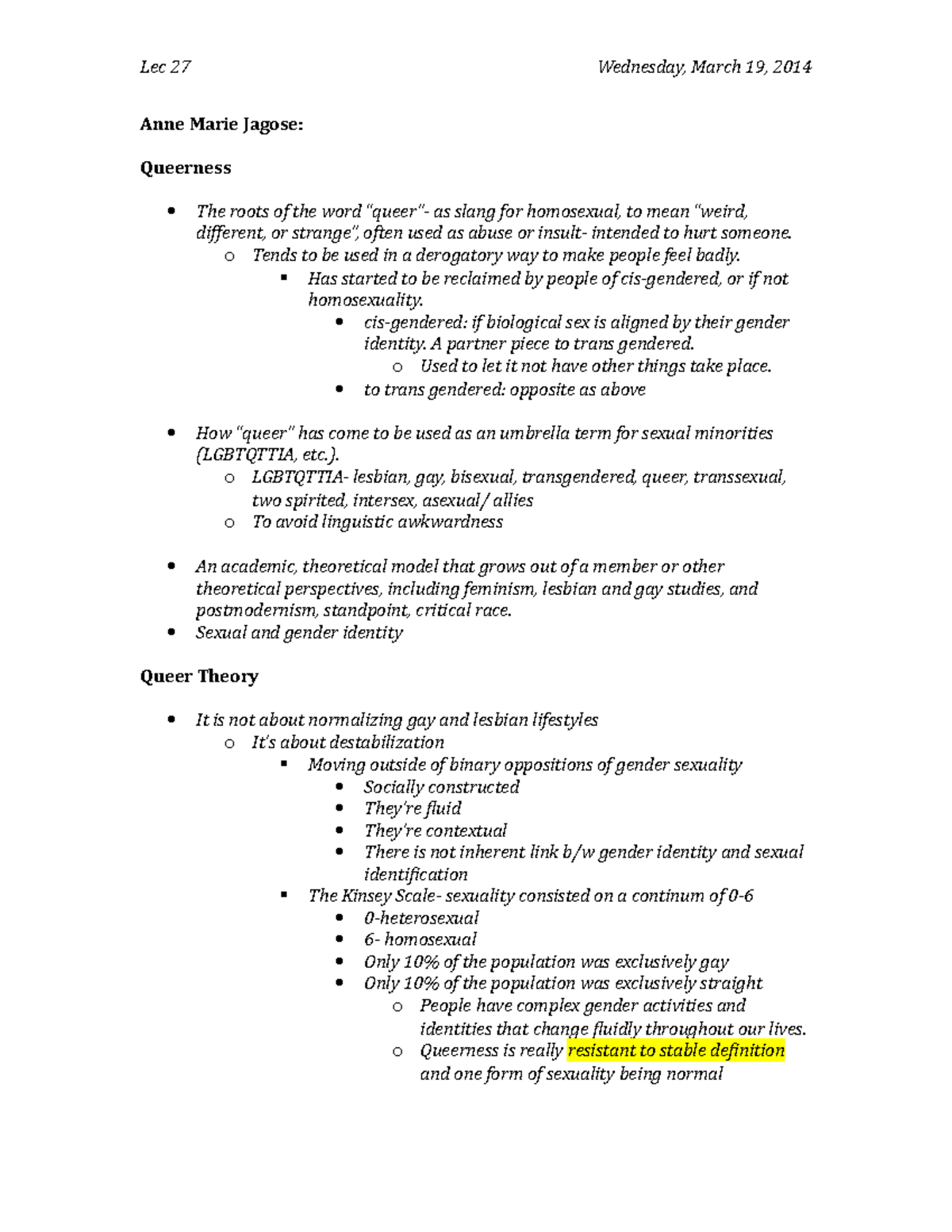 Lecture notes, lecture 27 - Queer Theory - Lec 27 Wednesday, March 19 ...
