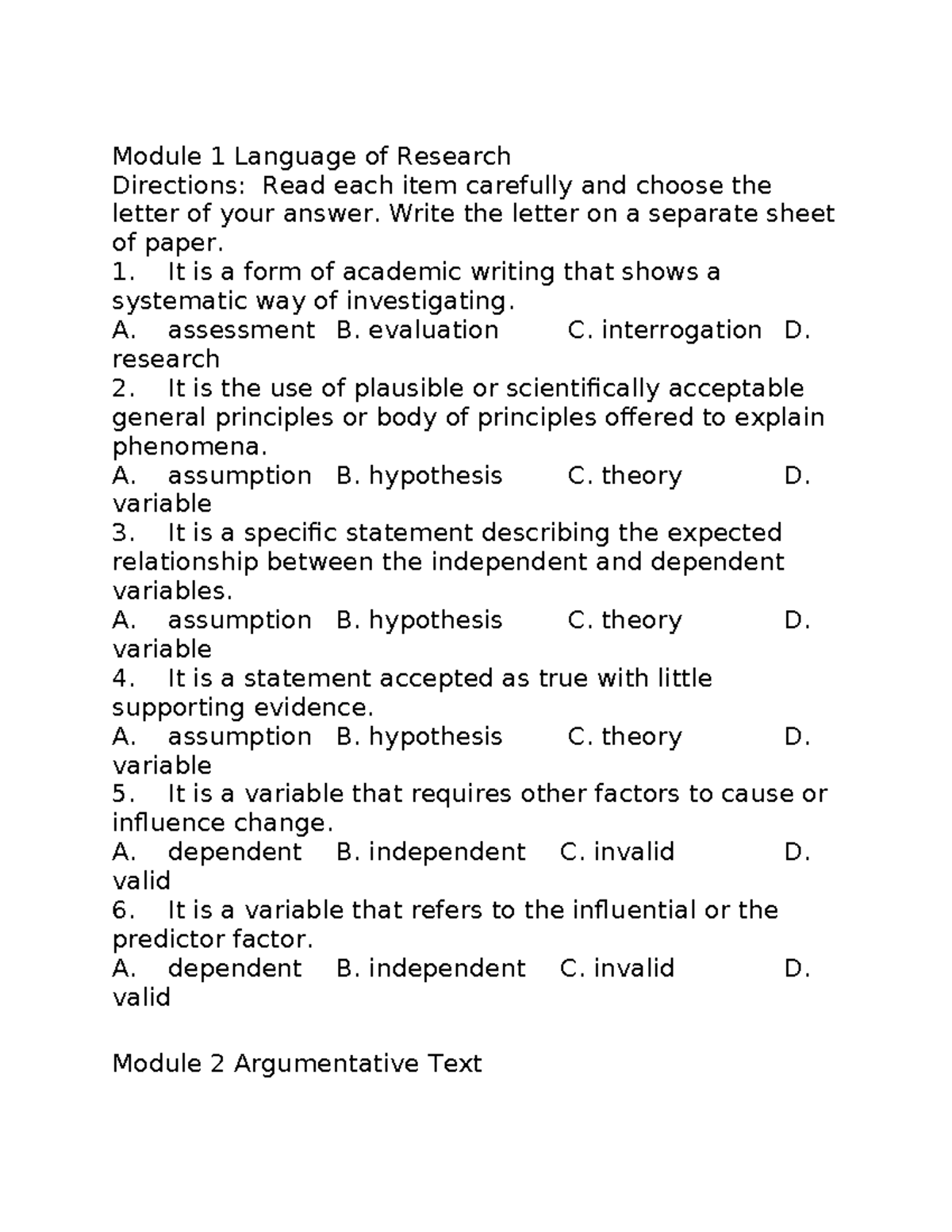 Quarter-2 - Quarter 2 - Module 1 Language of Research Directions: Read ...