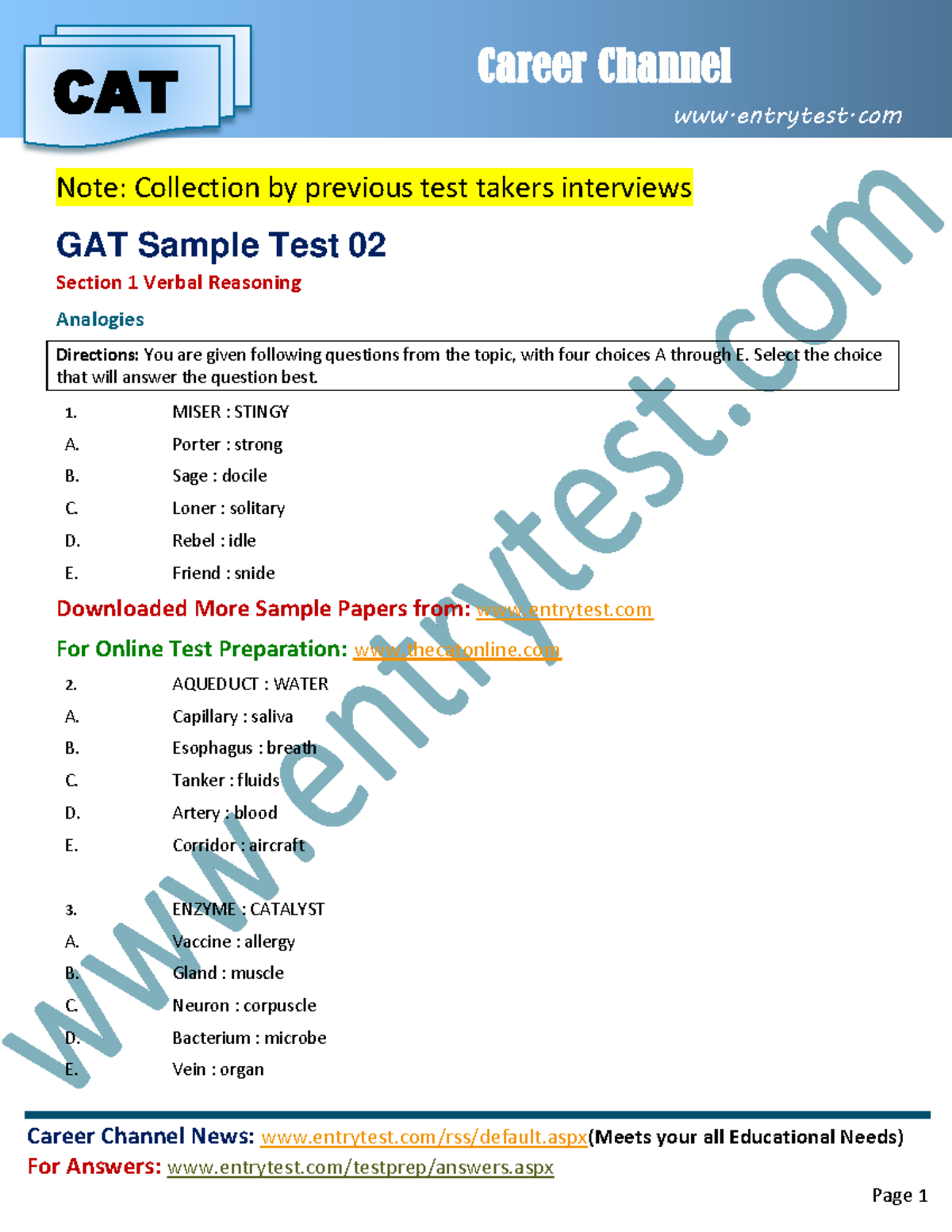 Gat sample test 02 - Nothing - CAT entrytest Career Channel News ...