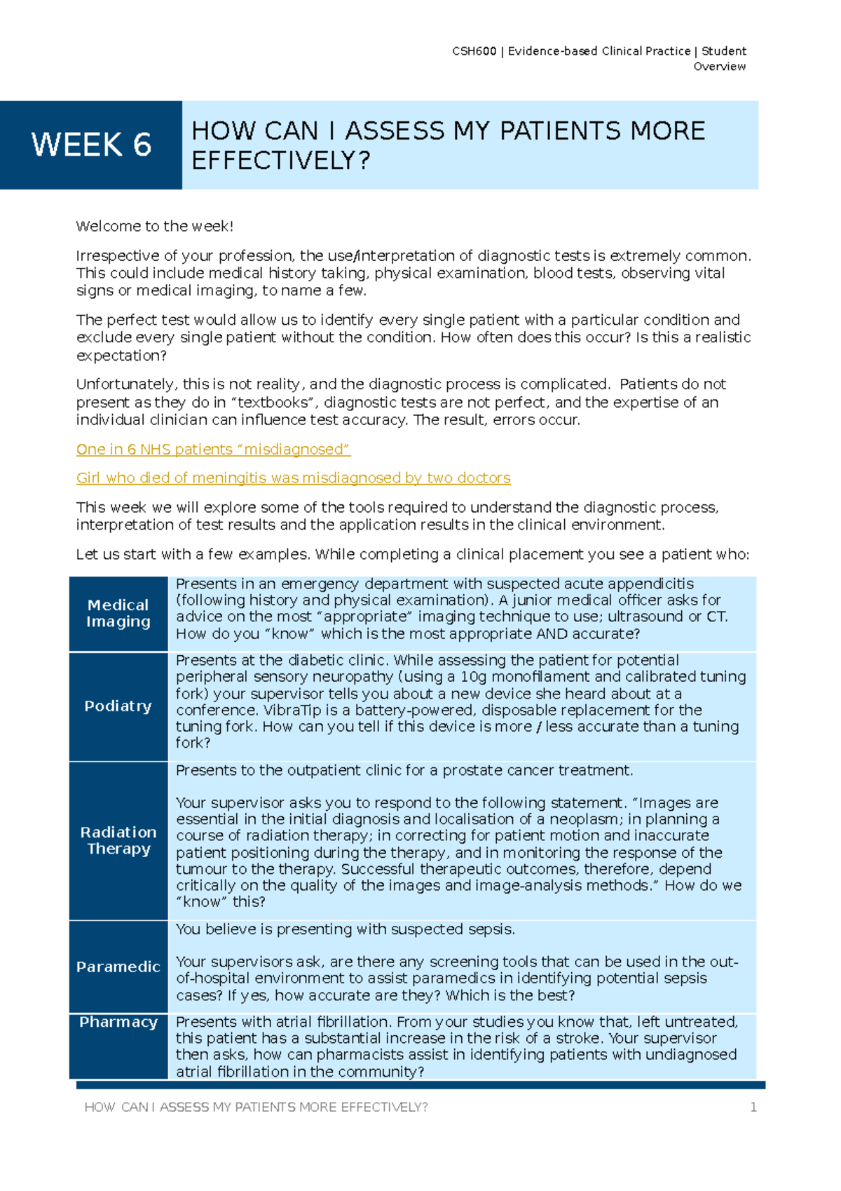 Week 6 - ______ - WEEK 6 HOW CAN I ASSESS MY PATIENTS MORE EFFECTIVELY ...