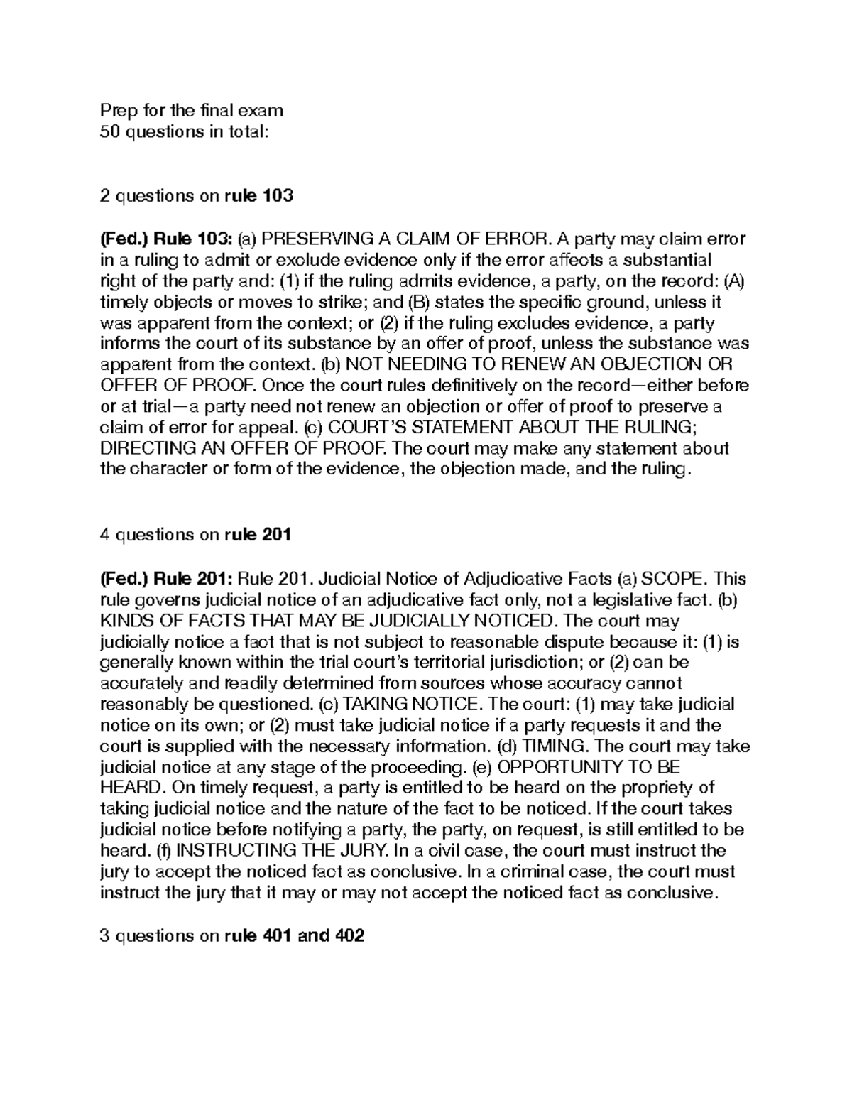 Evidence Final Exam Rules - Prep for the final exam 50 questions in ...