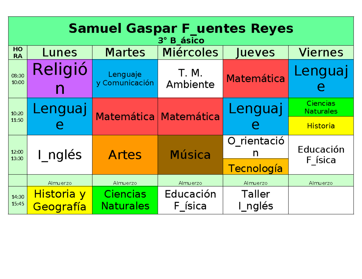 Horario samy - Samuel Gaspar F_uentes Reyes 3° B_ásico HO RA Lunes ...