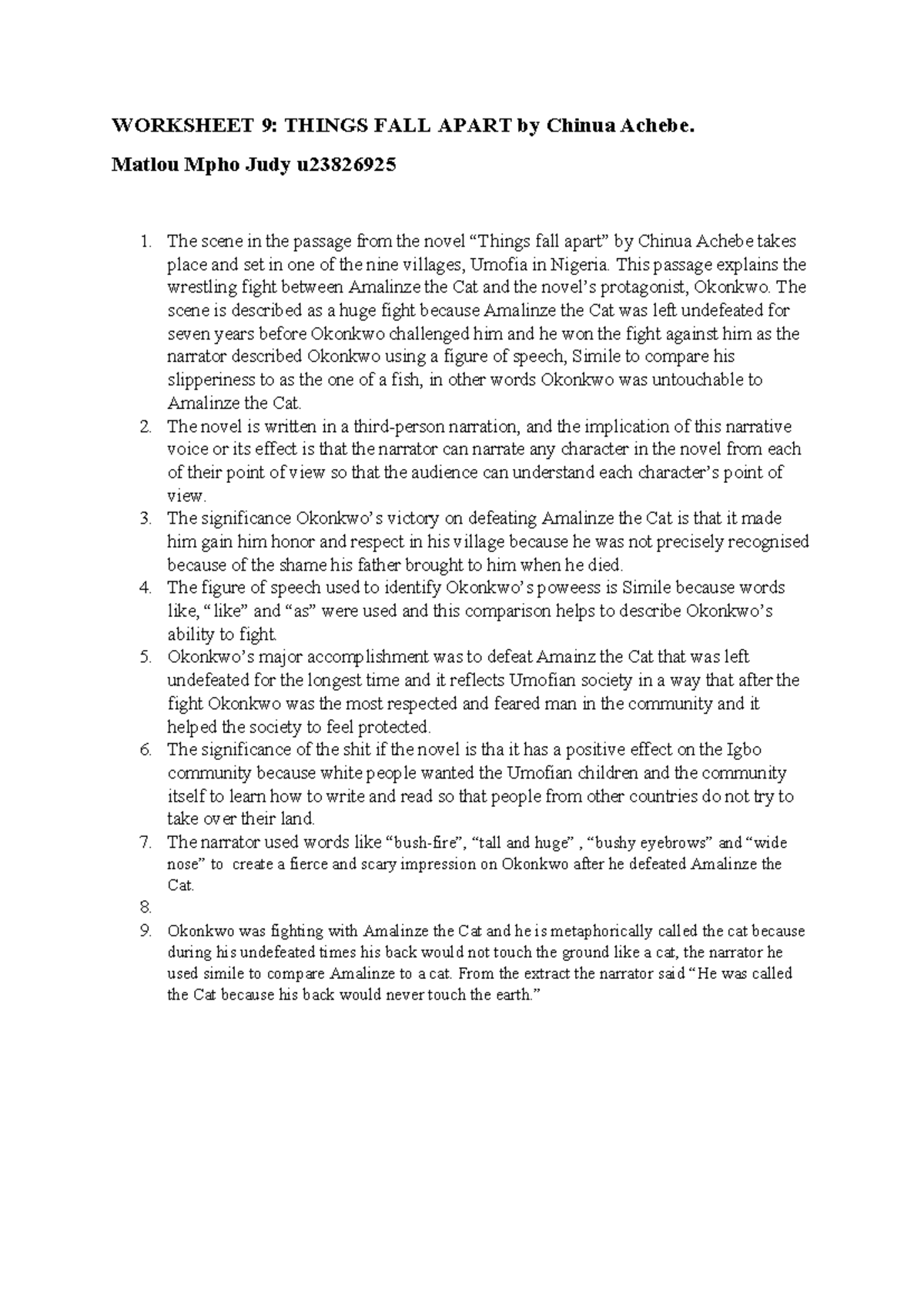 Worksheet 9 things fall apart - WORKSHEET 9: THINGS FALL APART by ...