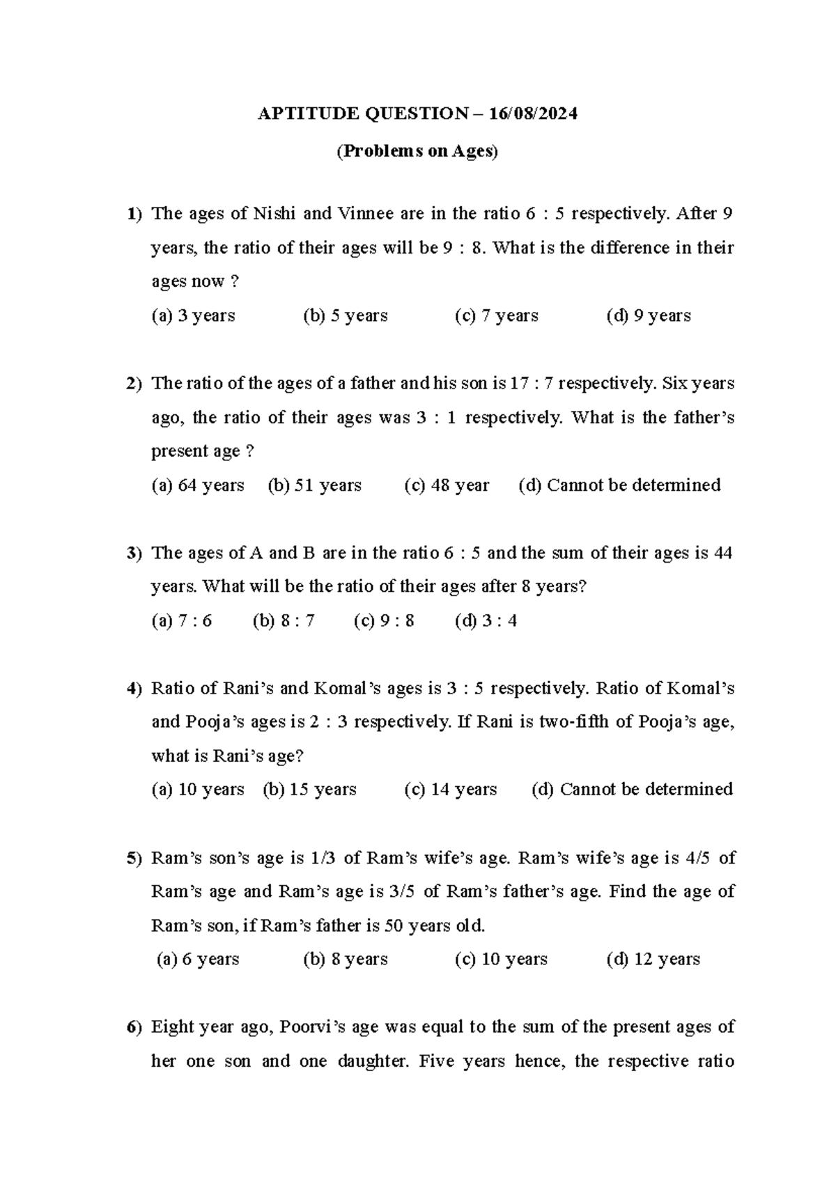 Aptitude Question – 16-08-2024 - Problems on Ages - APTITUDE QUESTION ...