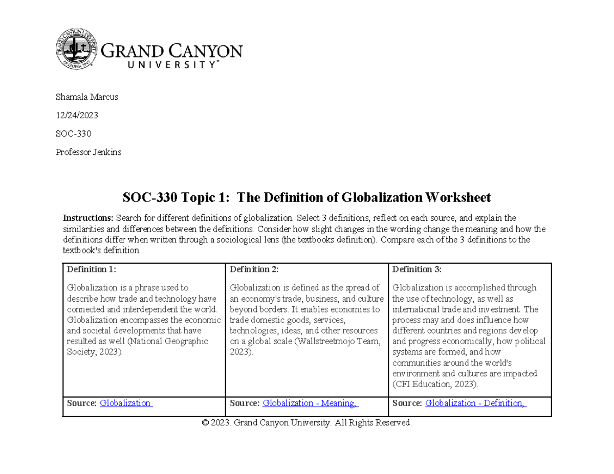 SOC 330 RS T1 The Defintionsof Globalization Worksheet - Shamala Marcus ...