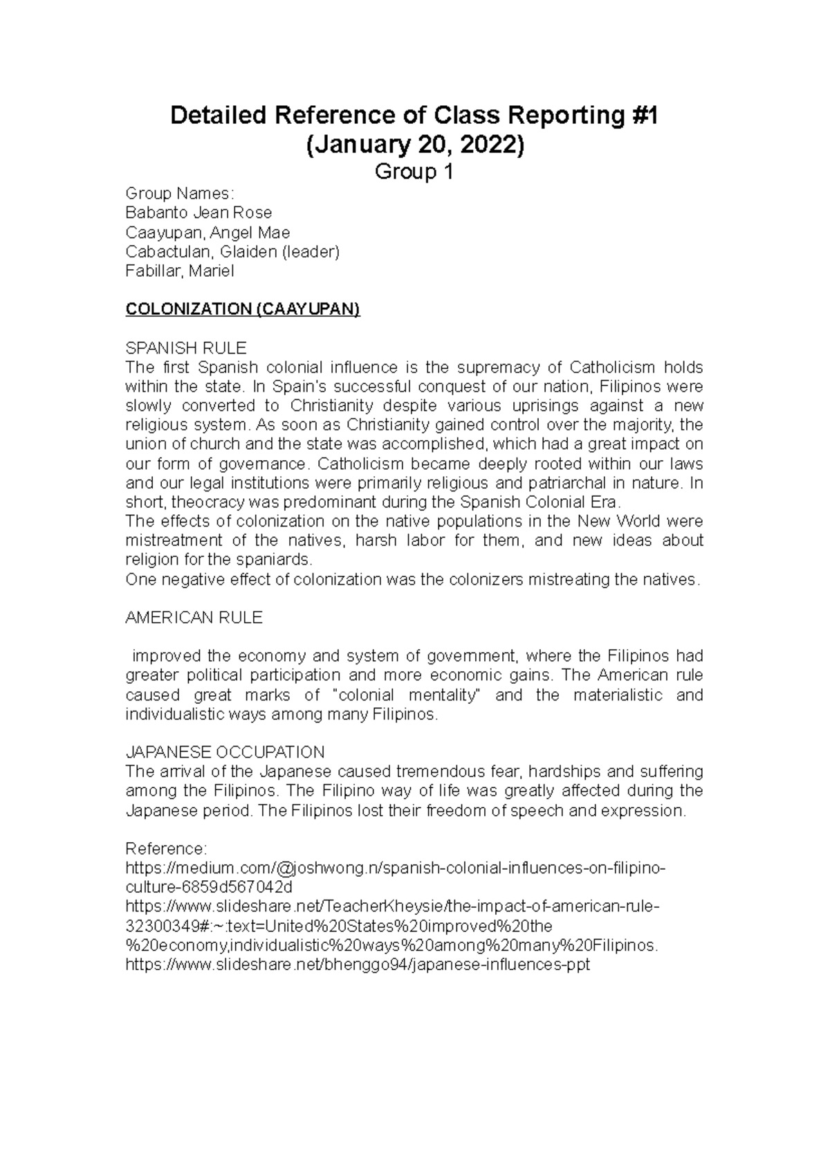 Detailed Reference of Class Reporting #1 - Detailed Reference of Class ...