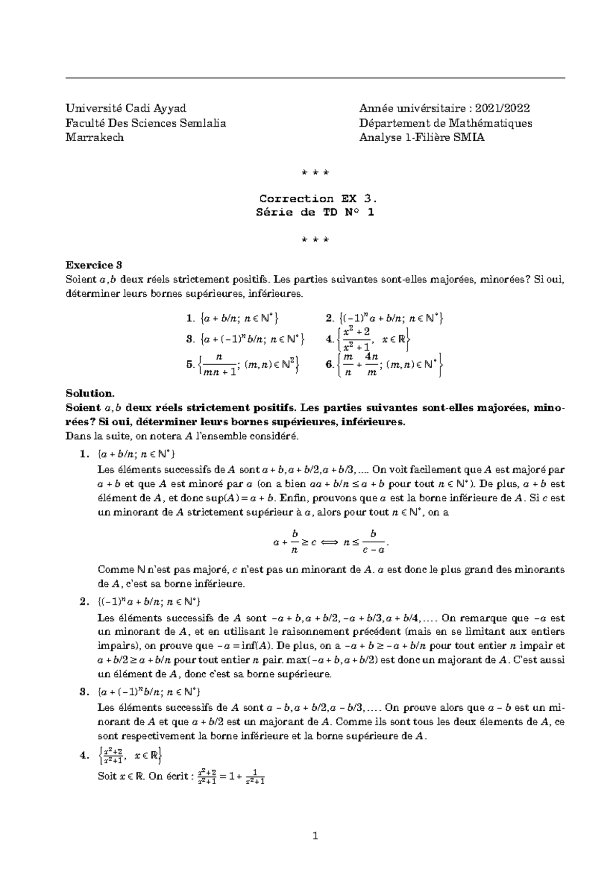 Correction EX3, Série 1 - Université Cadi Ayyad Faculté Des Sciences Semlalia Marrakech Année ...