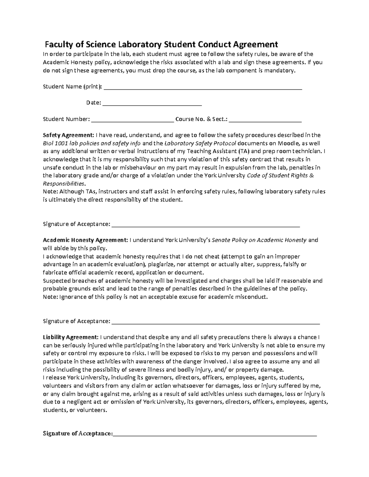 Laboratory Student Conduct Agreement - Faculty of Science Laboratory ...