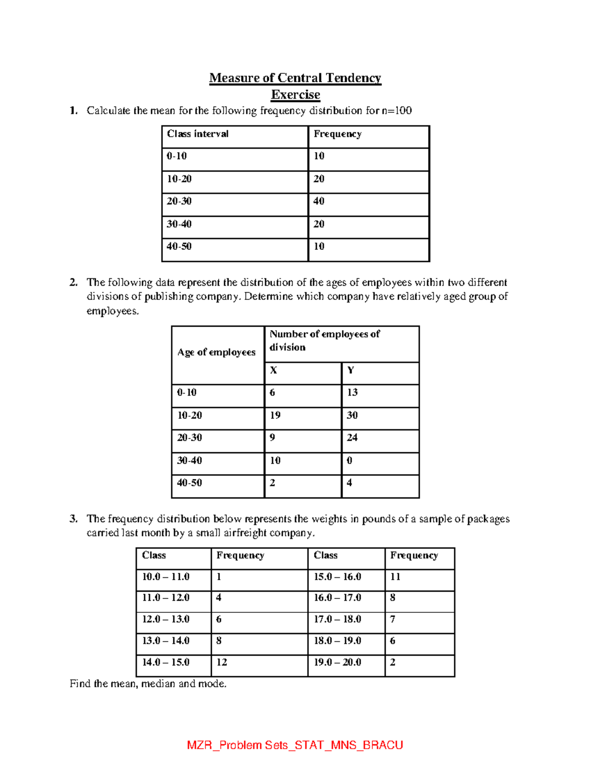 Problem Set 3 (Measure of Central Tendency) - Measure of Central ...
