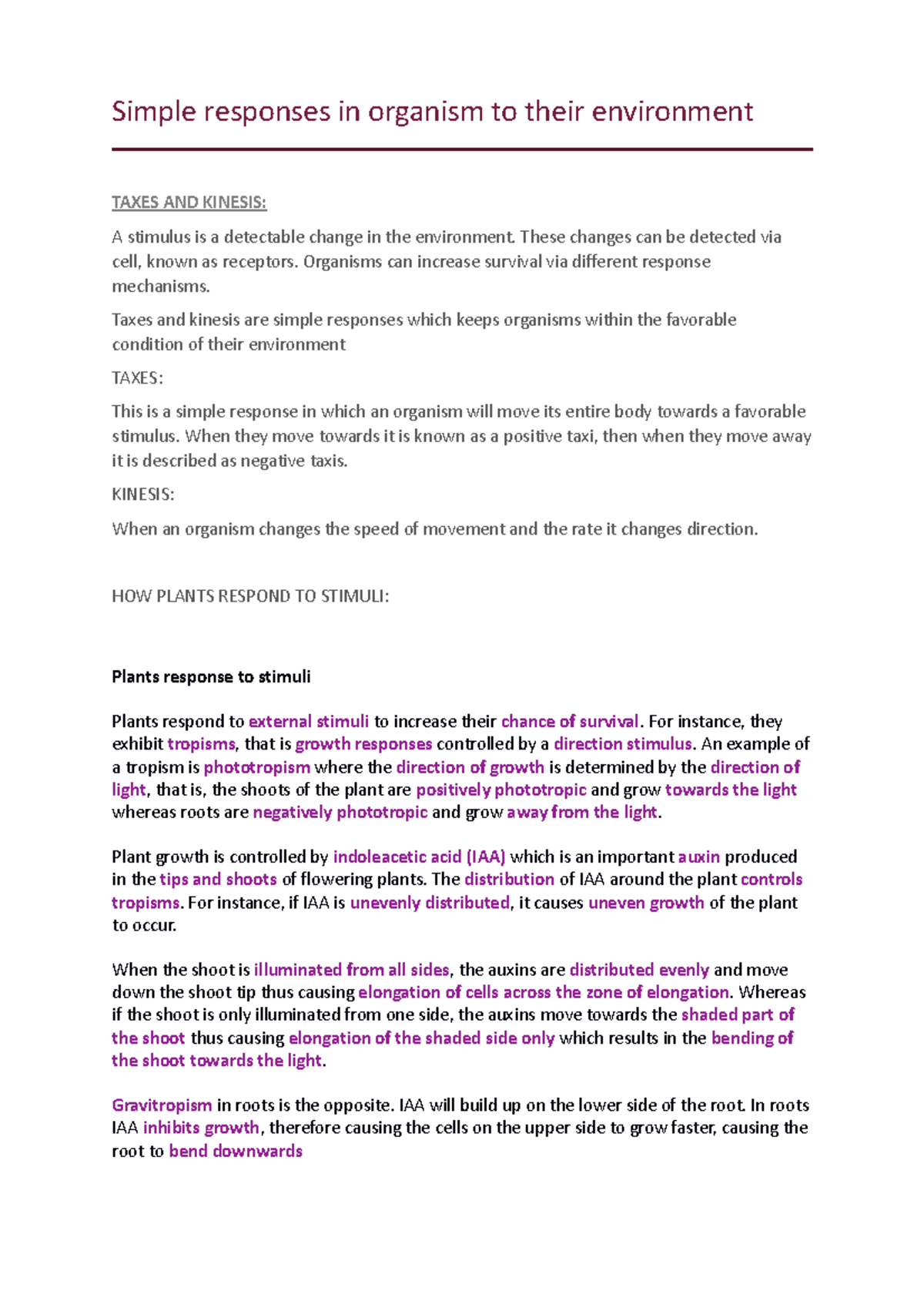 Simple responses in organism to their environment - These changes can ...