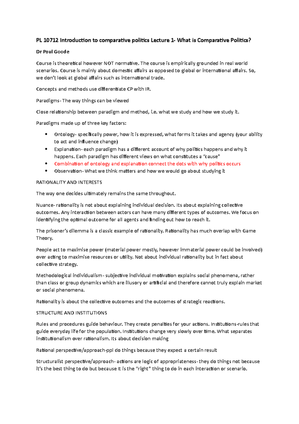 Lecture 1 rough notes what is comparative politics - PL 10712 ...