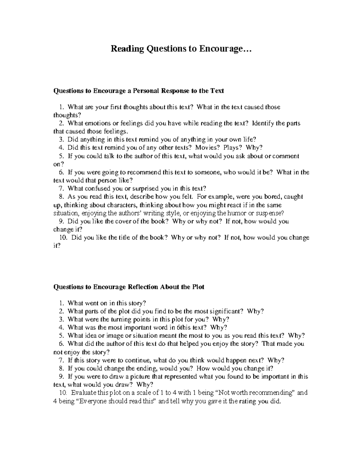 Reading Questions to Encourage - .. Questions to Encourage a Personal ...