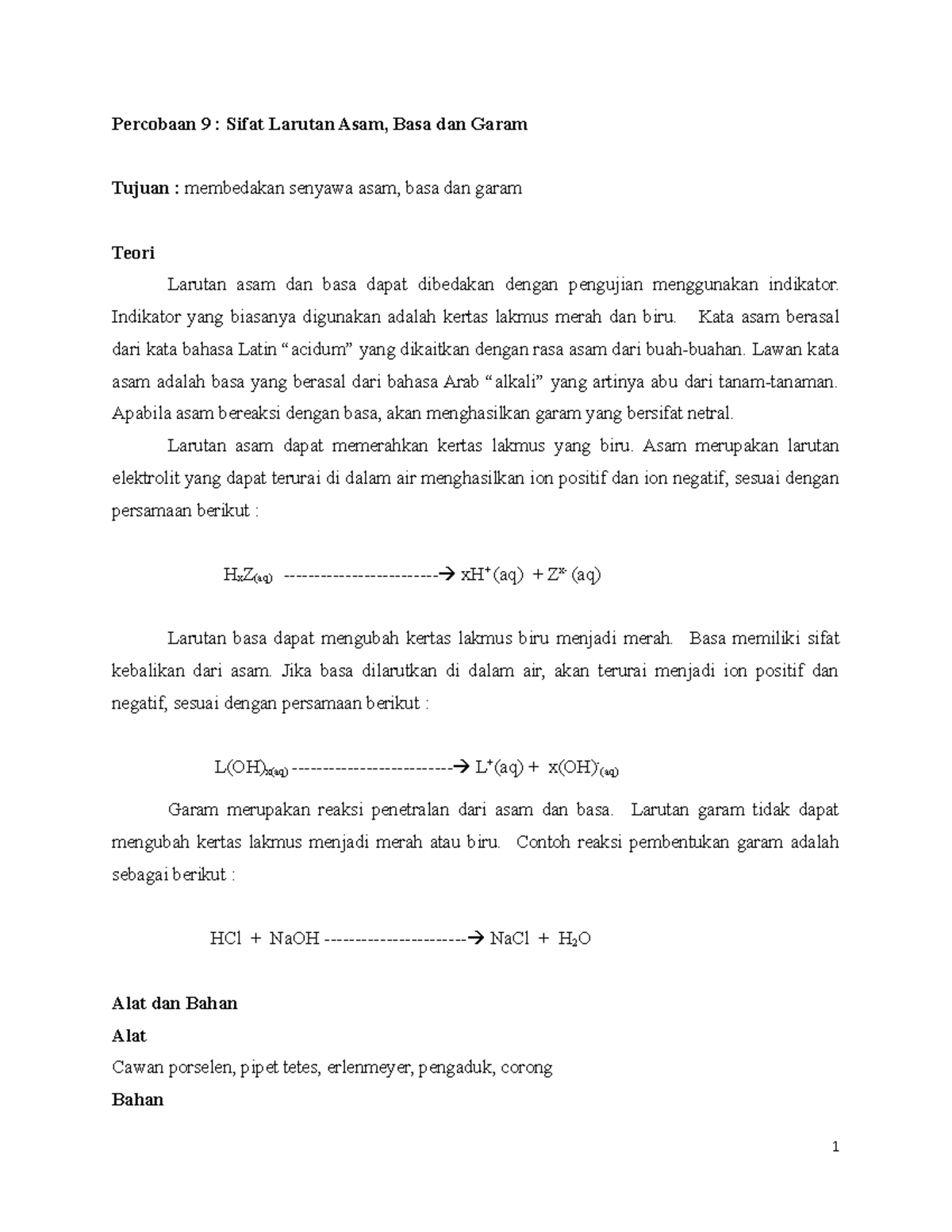 Praktikum Kimia Dasar Percobaan 9 - Sifat Larutan Asam, Basa dan Garam ...