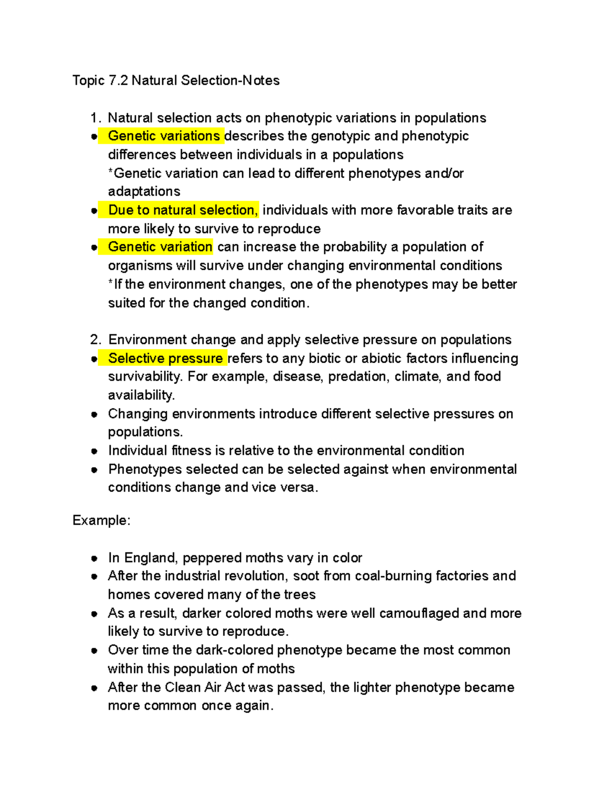 7.2 Notes - Topic 7 Natural Selection-Notes Natural selection acts on ...