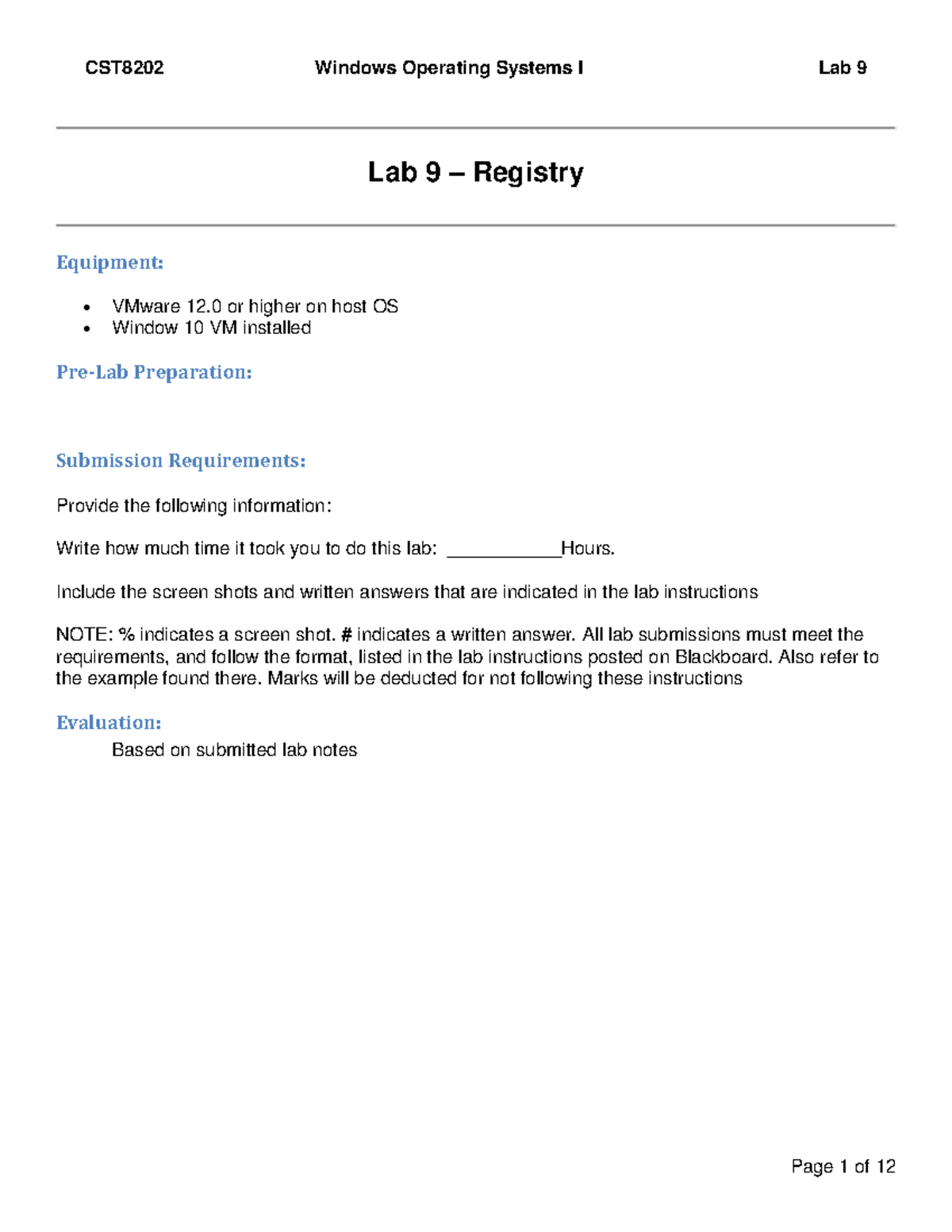 Lab 9 - Registry & Troubleshooting - Lab 9 – Registry Equipment: VMware ...
