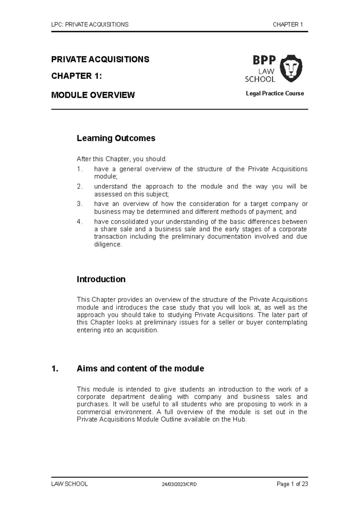PA Chapter 1 2023 - LPC: PRIVATE ACQUISITIONS CHAPTER 1 PRIVATE ACQUISITIONS CHAPTER 1: MODULE ...