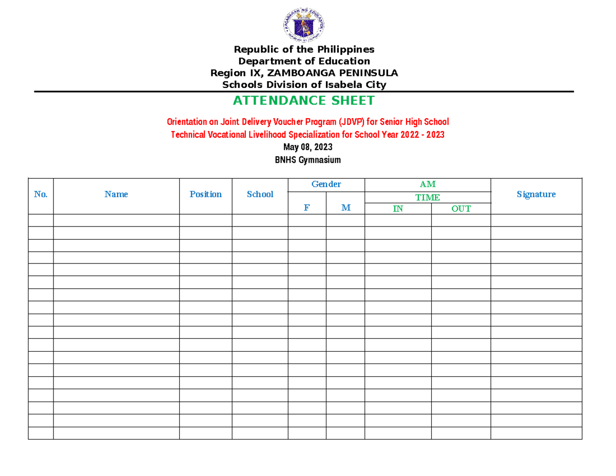 Attendance Template - NEW - Orientation on Joint Delivery Voucher ...