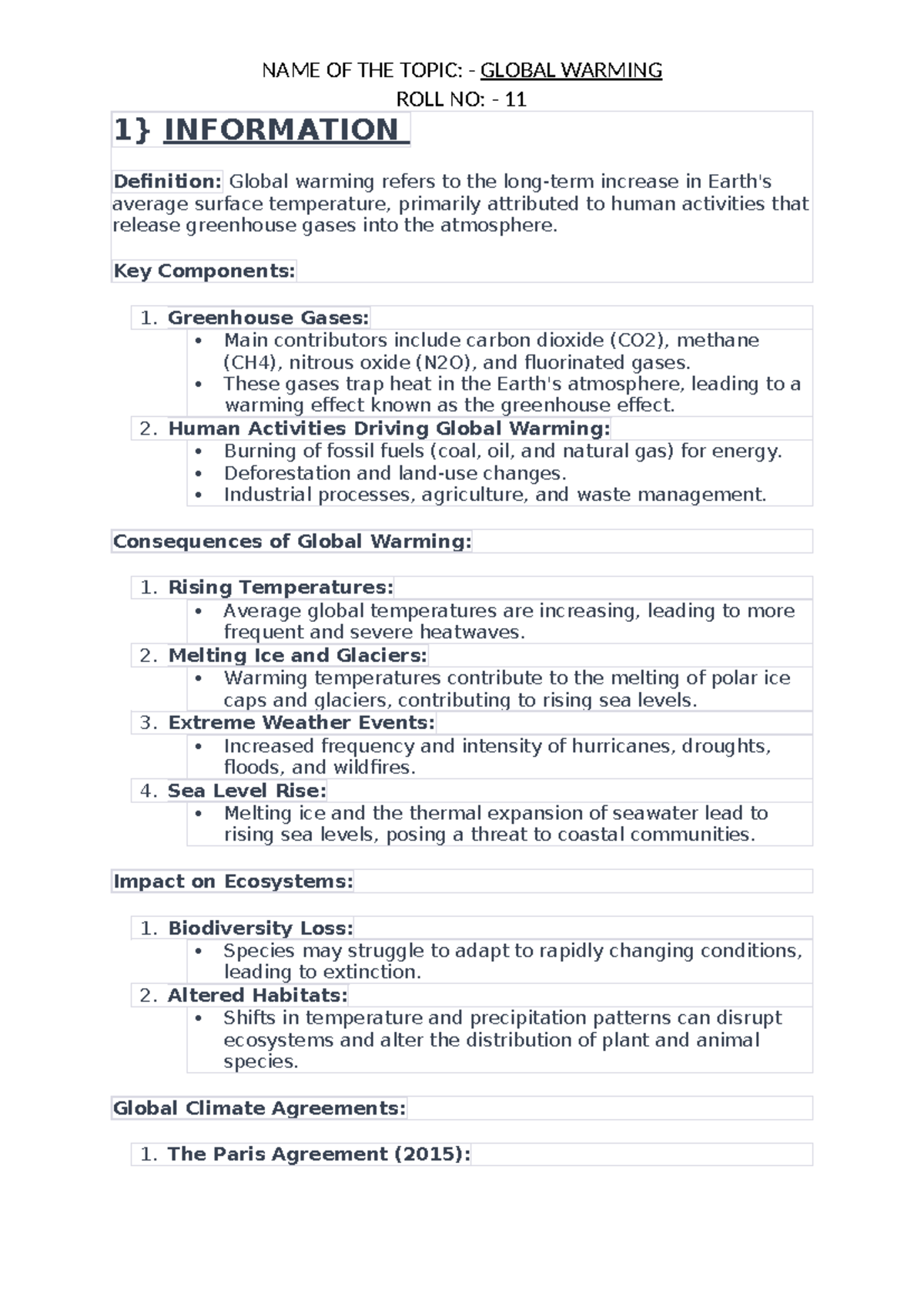 Gobal Warming Project - NAME OF THE TOPIC: - GLOBAL WARMING ROLL NO ...