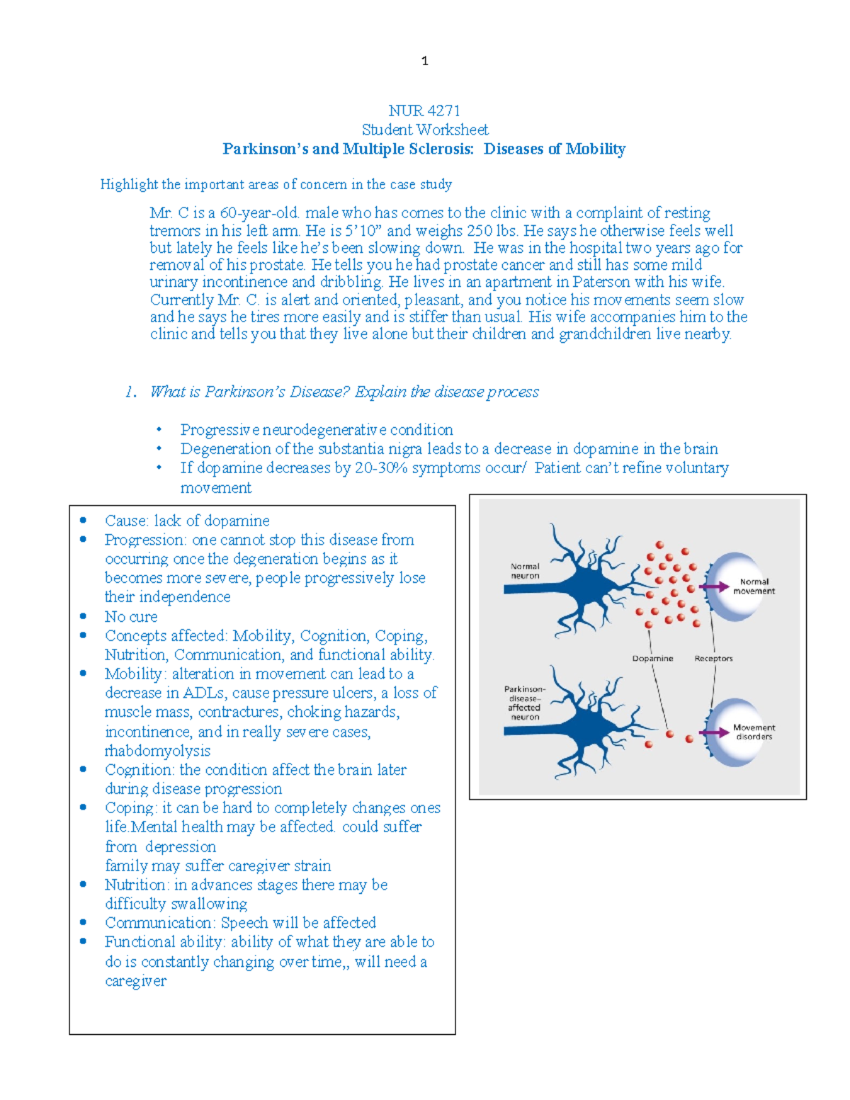 Mobility worksheet - Practice - NUR 4271 Student Worksheet Parkinson’s ...