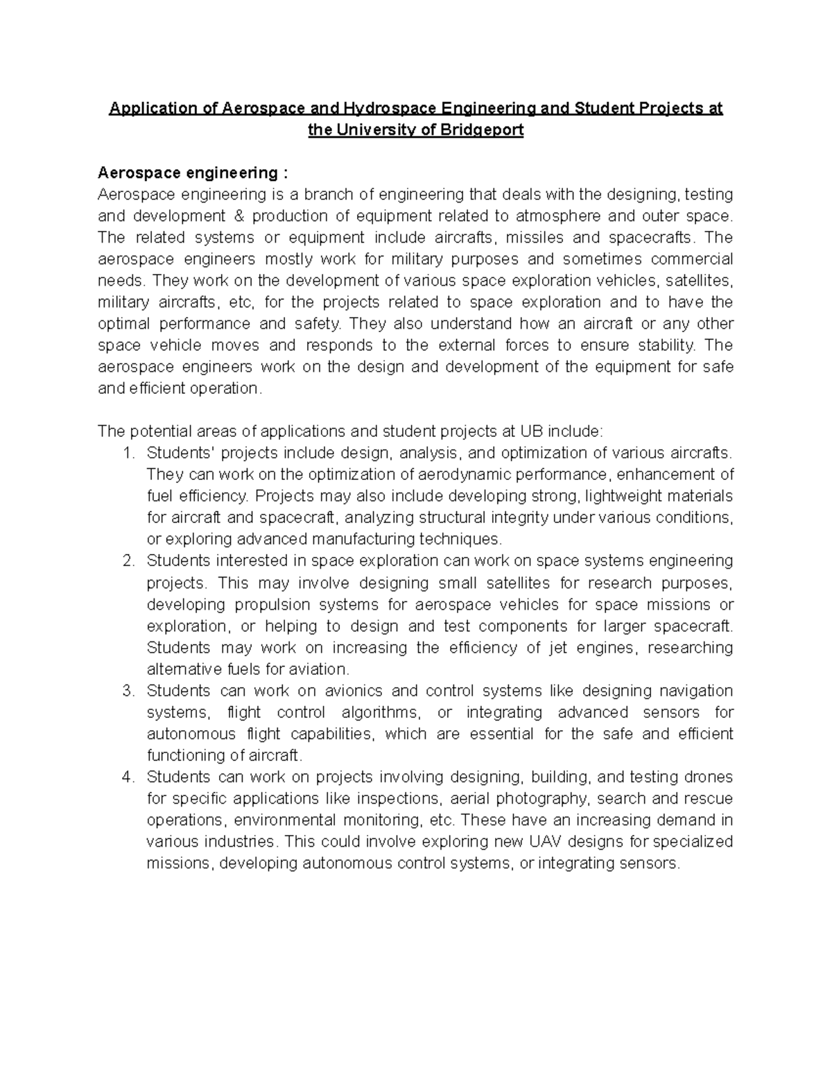 Application of Aerospace and Hydrospace Engineering and Student ...