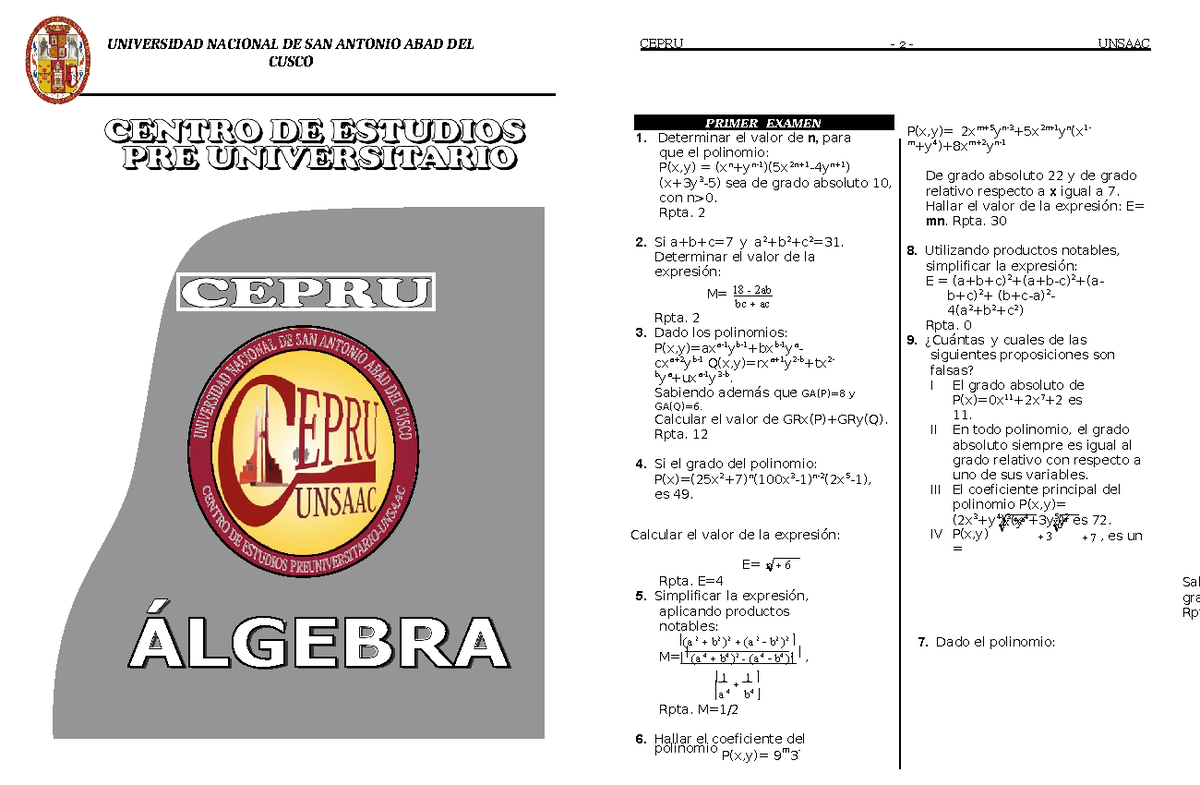 497515131 Algebra Ficha Cepru - CEPRU - 2 - UNSAAC PRIMER EXAMEN 1 ...