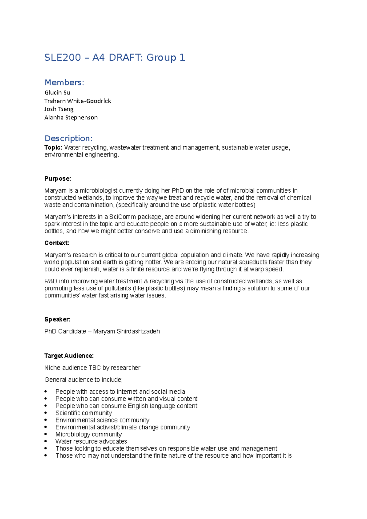 A4 Draft; Description & concept - SLE200 – A4 DRAFT: Group 1 Members ...