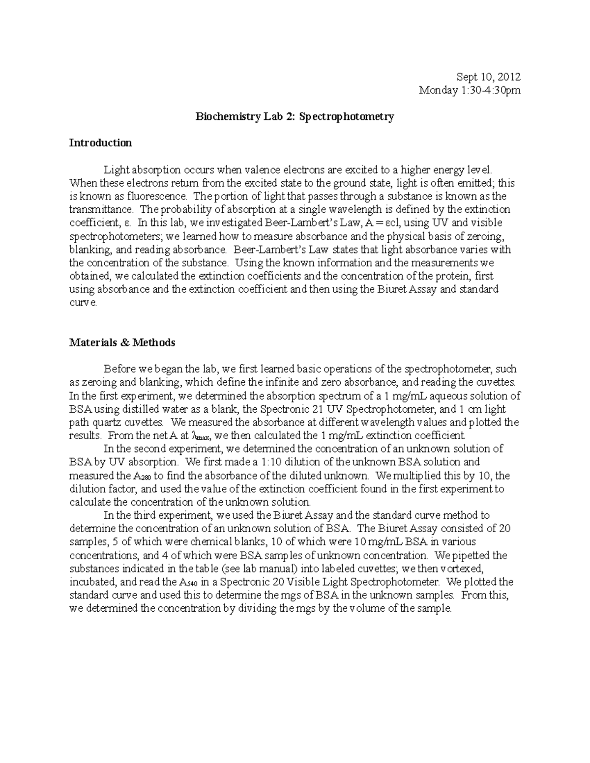 Biochem Lab 2 - Spectrophotometry - Sept 10, 2012 Monday Biochemistry ...