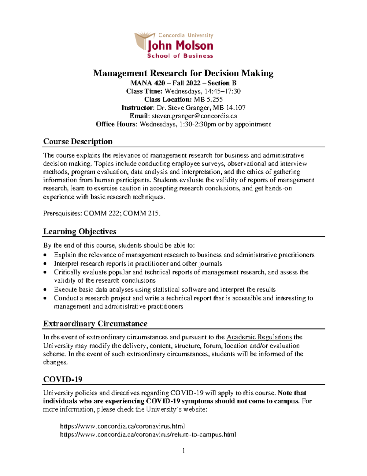 ,Fall 2022 Syllabus - MANA 420 Course Outline with Steve Granger Fall ...