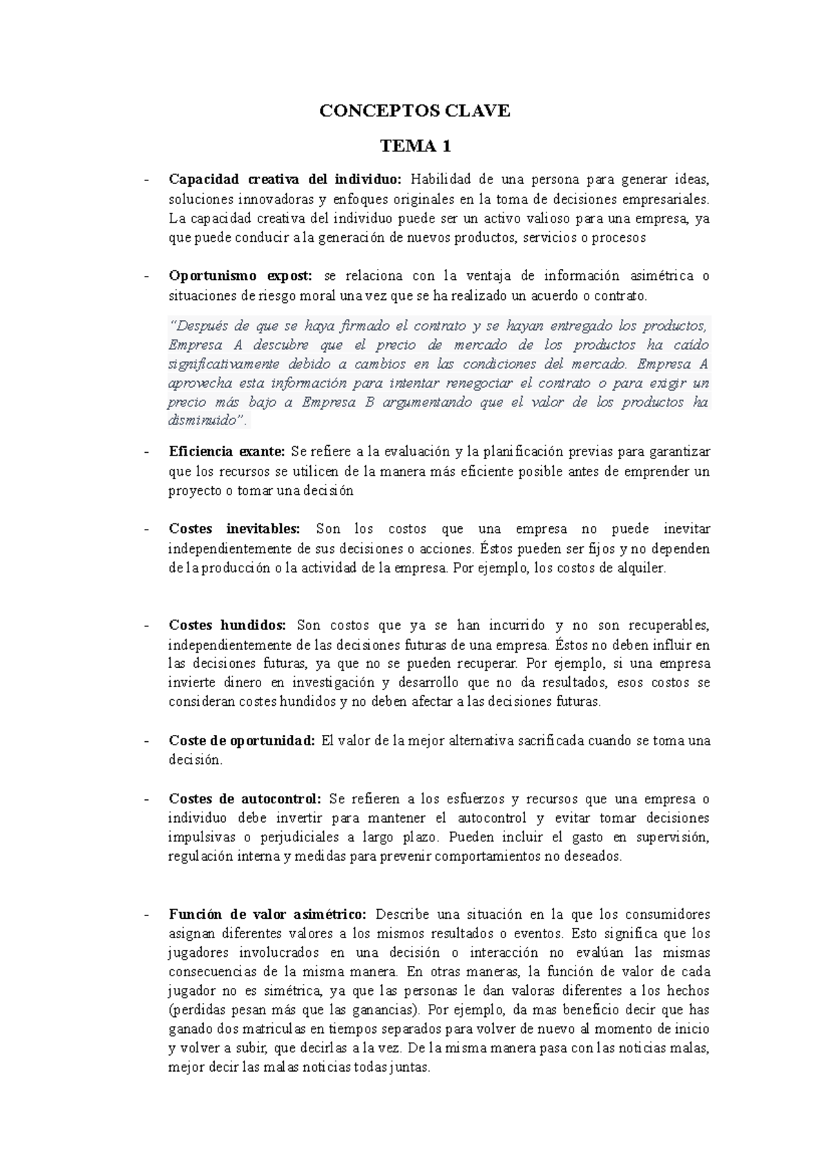 Conceptos clave tema 1,2 y 3 - CONCEPTOS CLAVE TEMA 1 - Capacidad creativa del individuo ...