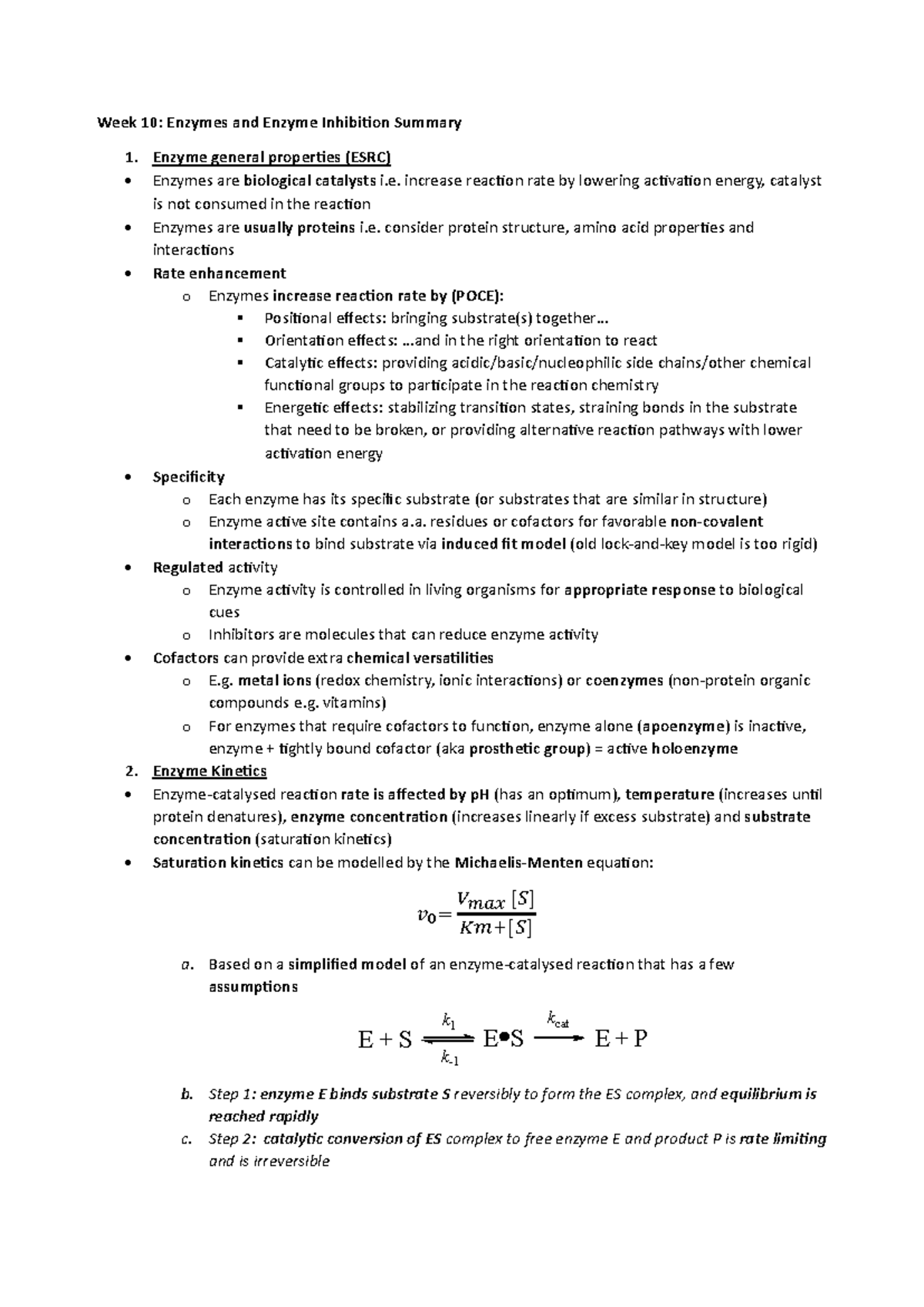 Week 10 Enzymes Summary - Week 10 : Enzymes and Enzyme InhibiƟon ...